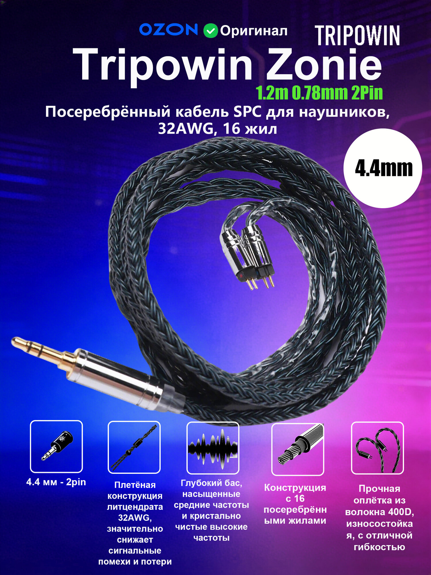 TRIPOWIN Аудиокабель, 1.2 м, темно-зеленый