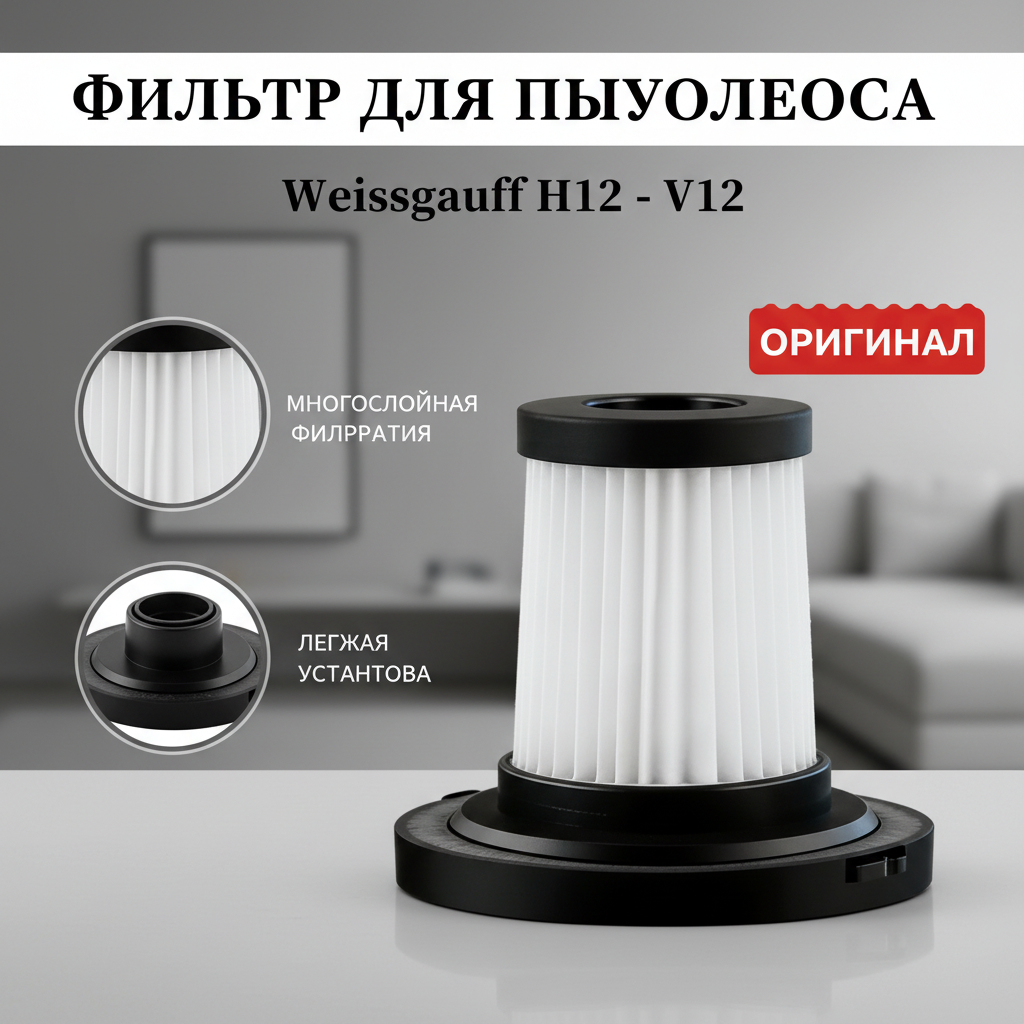 Фильтр цилиндрический Вайсгауфф H12 V12 для компактного вертикального пылесоса V12 бесщеточный двигатель 400 ватт 500 630 замена
