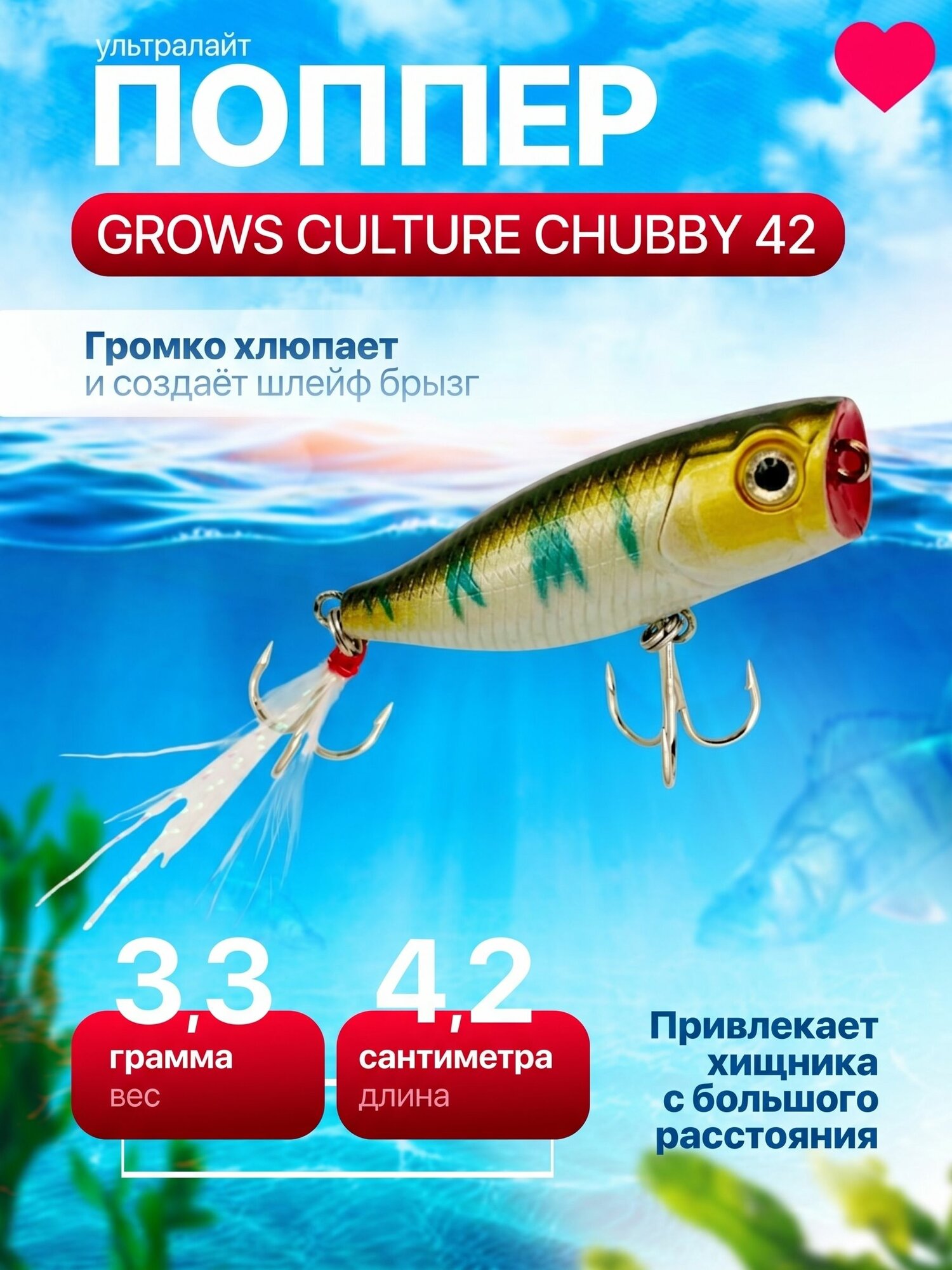 Поверхностный воблер ультралайт поппер на окуня, голавля и жереха. 4,2 см, 3,3 г. Grows Culture Chubby Popper 42F. 3176