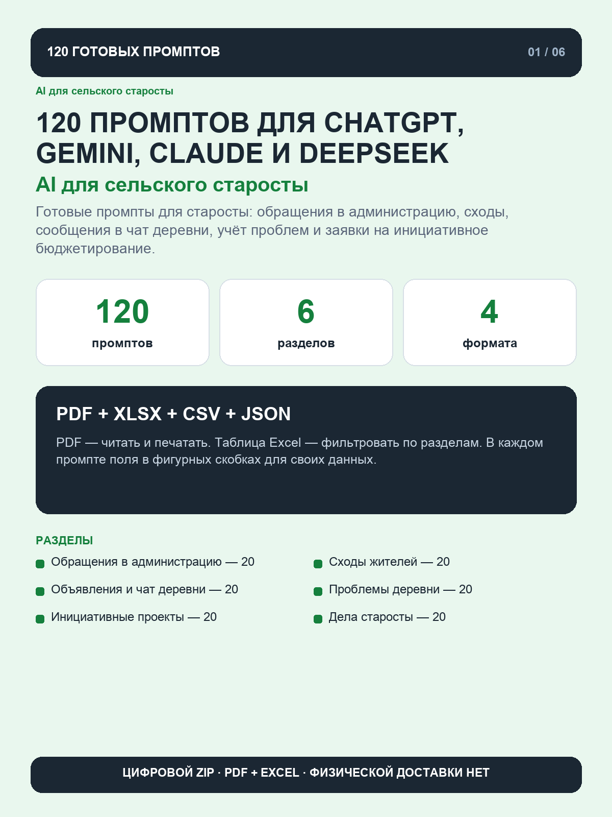 AI для сельского старосты: 120 промптов для ChatGPT, Gemini, Claude и DeepSeek, цифровая книга PDF A4