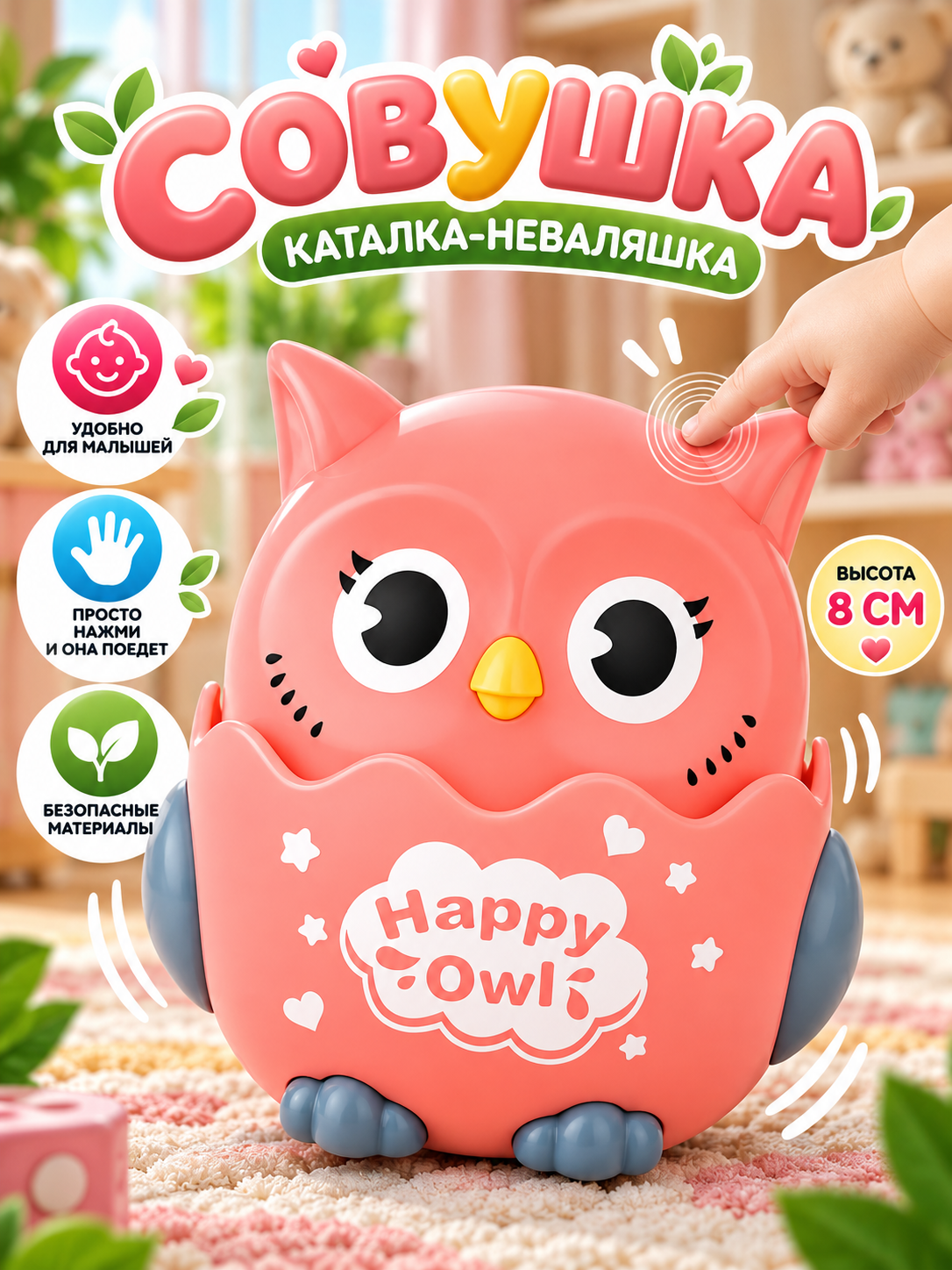 Детская игрушка для малышей заводная инерционная Совушка неваляшка Розовая