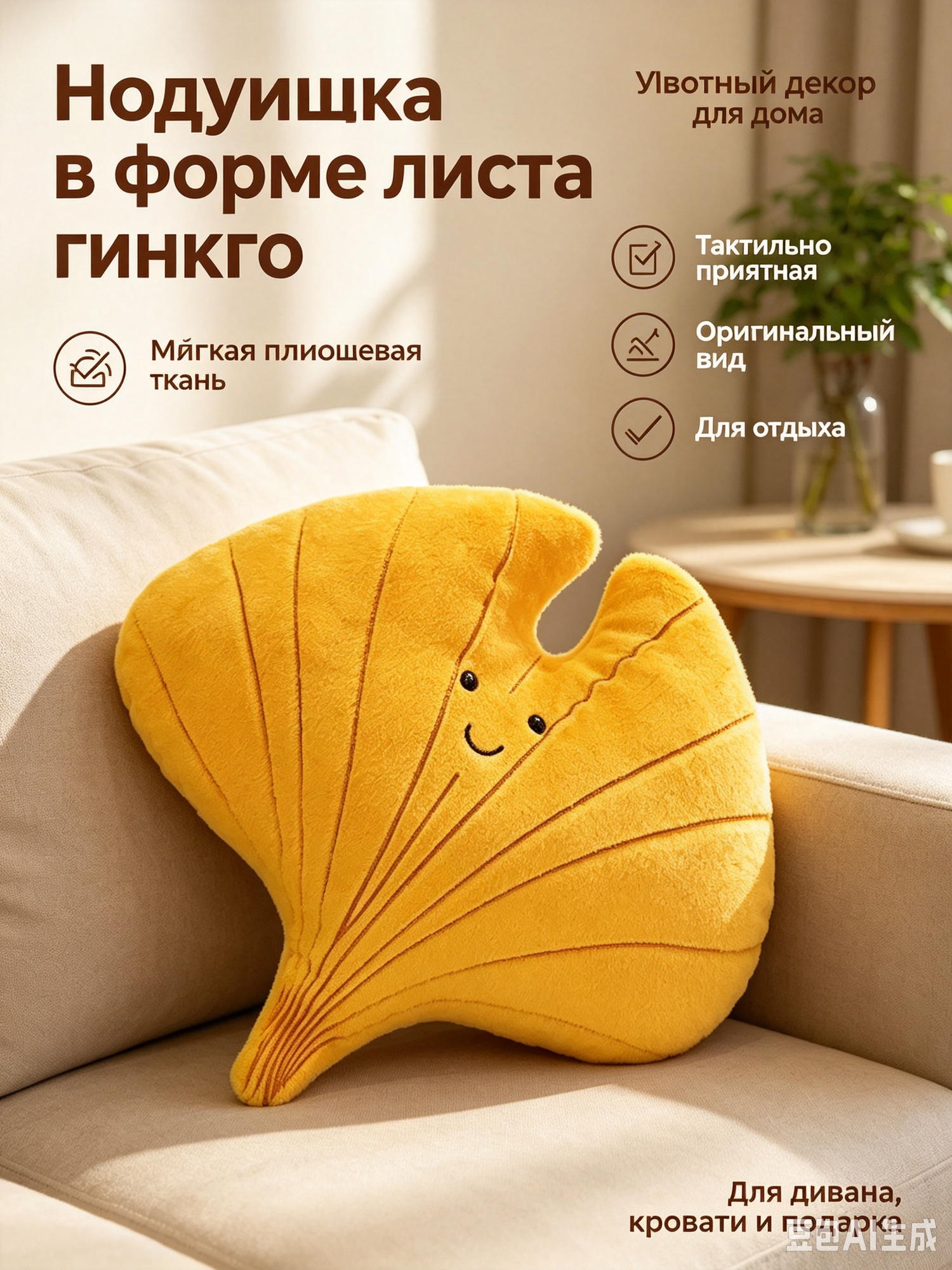 Подушка-игрушка в форме листа гинкго, плюш, наполнитель PP-хлопок, 39×37 см, жёлтая, с милой мордашкой