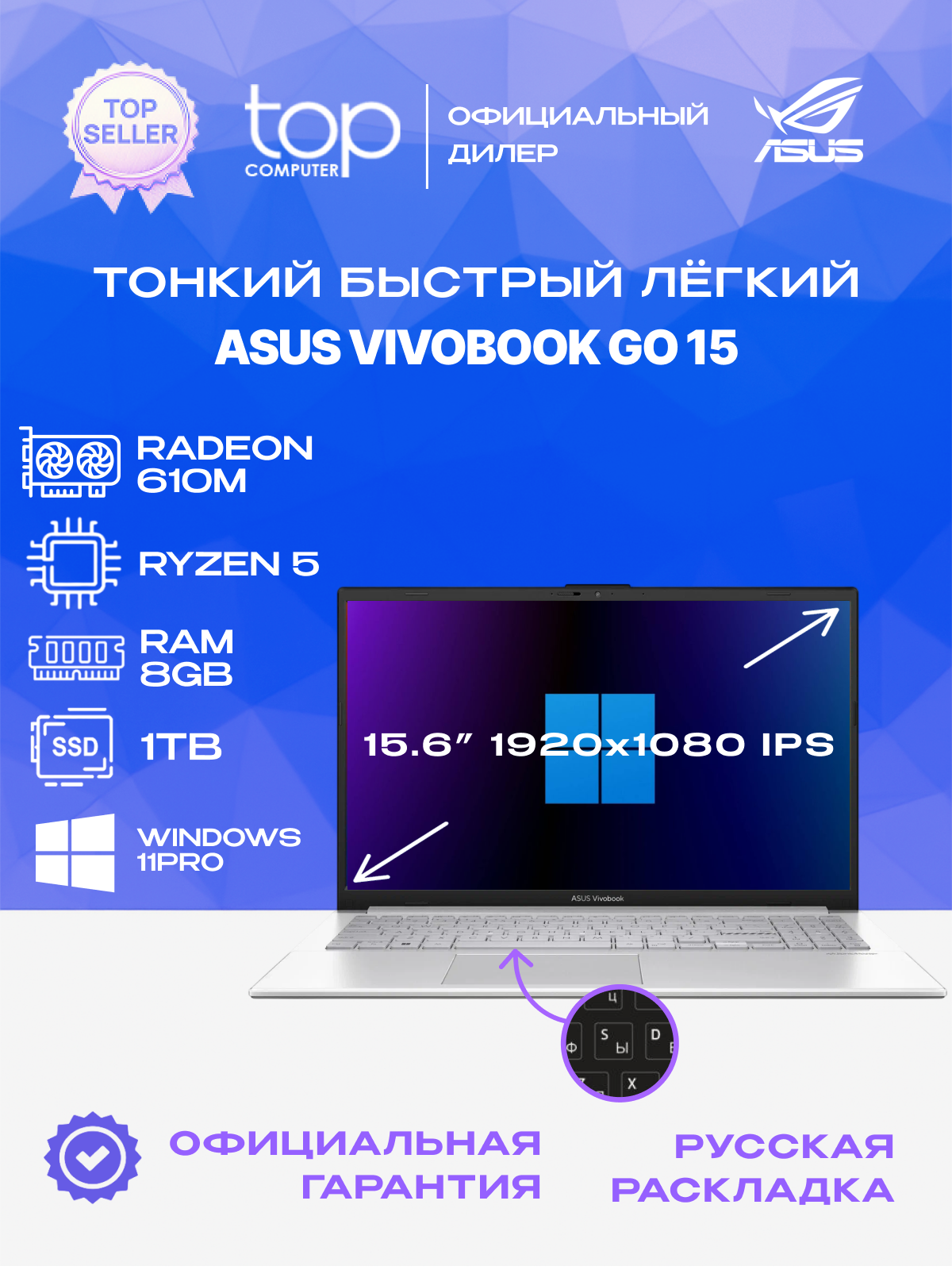 Ноутбук Asus Vivobook Go 15 15.6"FHD; IPS/Ryzen 5 7520U/8GB/SSD 1TB/RADEON 610M/Win11pro/серебристый