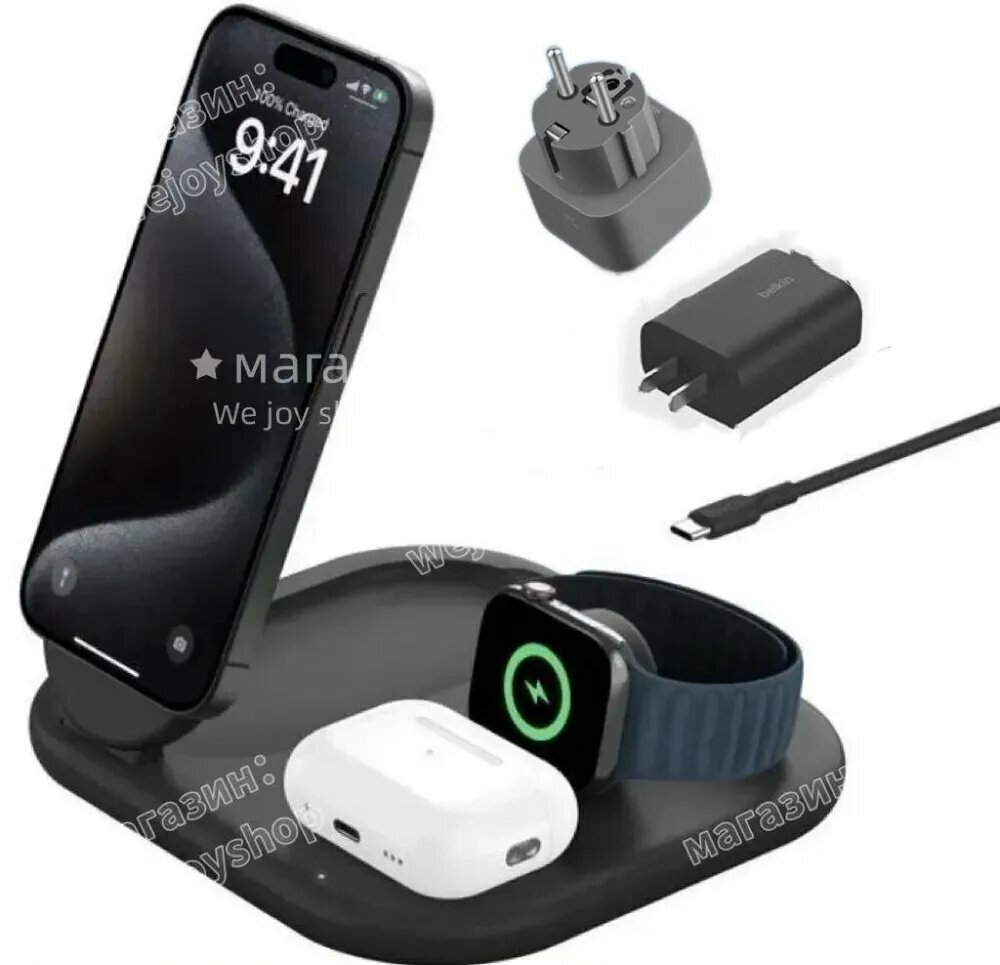 Док-станция BELKIN, беспроводное зарядное устройство для iPhone, Apple Watch и AirPods с MagSafe, 3 в 1 Qi2 15W черный