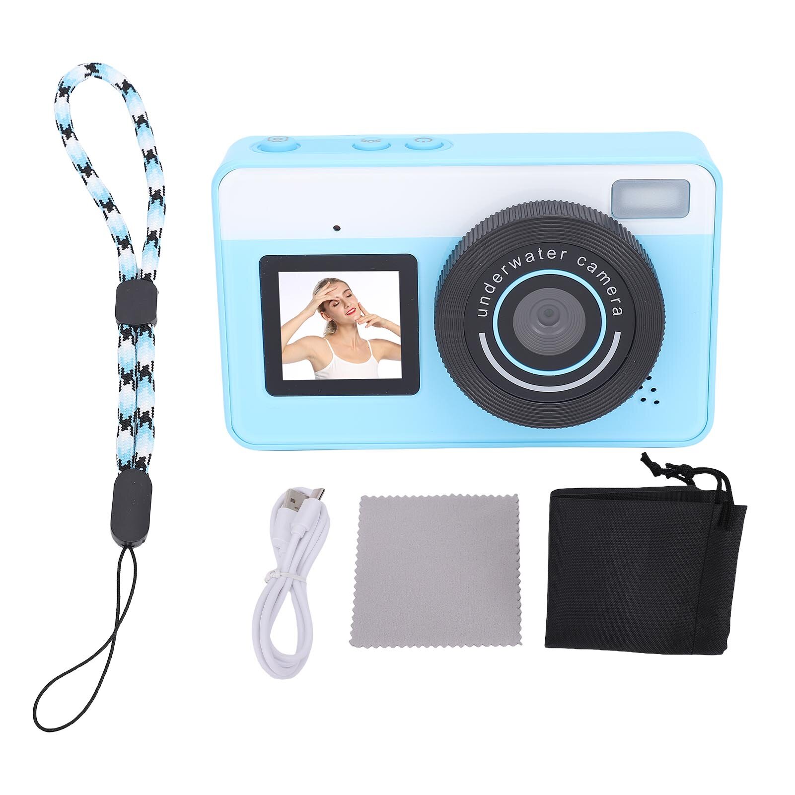 Цифровая подводная камера с водонепроницаемым корпусом, 18-кратным зумом, автофокусом, 48-мегапиксельной фронтальной камерой и 2,88-дюймовым HD-экраном для сноркелинга, серфинга и плавания, синего цвета.