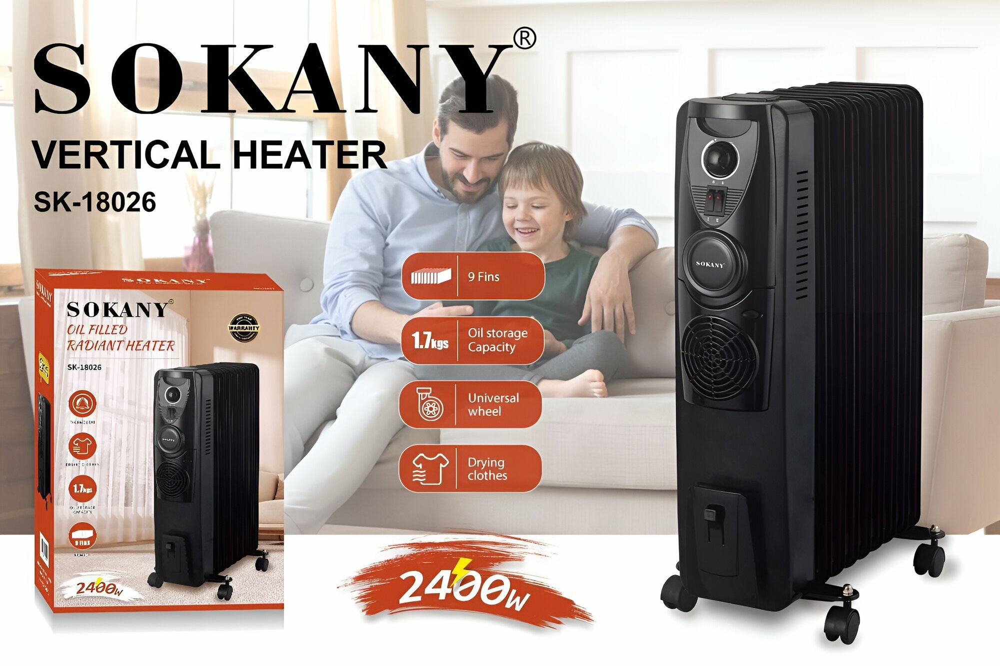 Масляный обогреватель SOKANY SK-18026 напольный для дома и офиса 2400 Вт