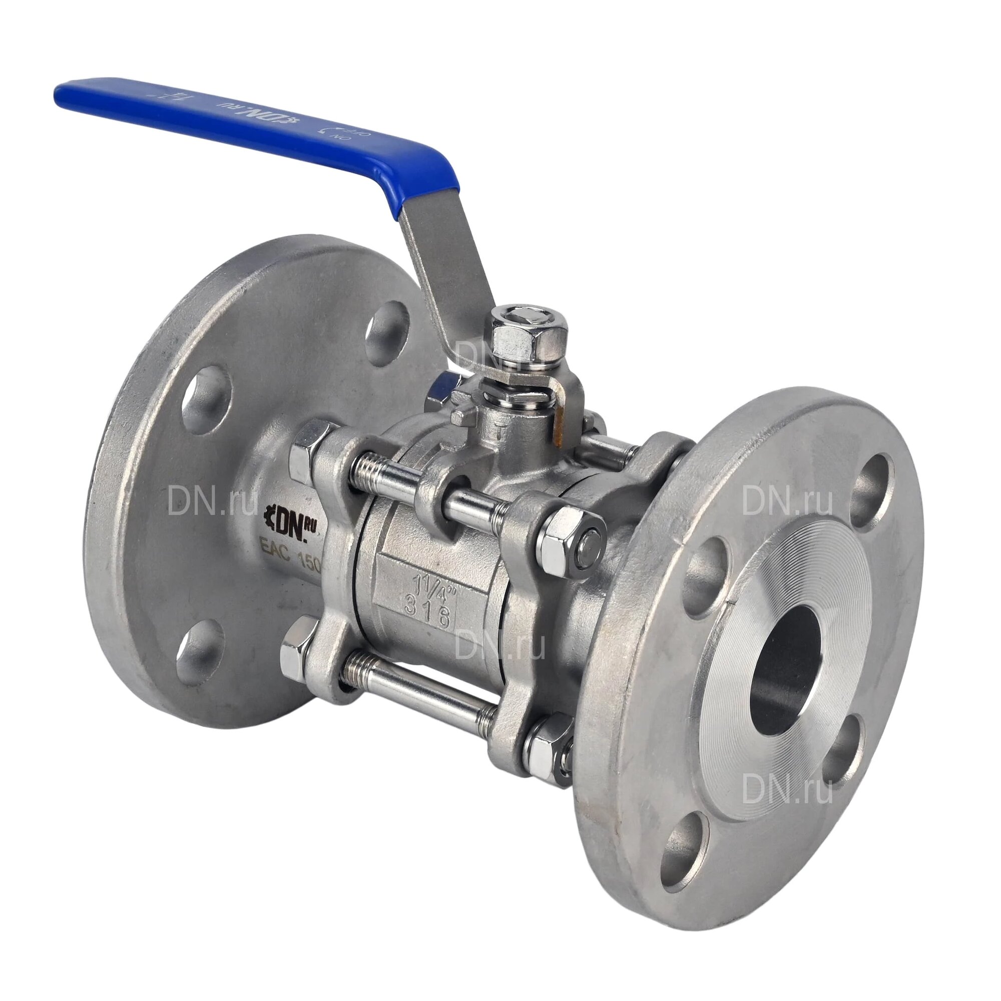 Кран шаровой DN.ru кшфпт.316.180 Ду65 Ру25 полнопроходной трехсоставной, нержавеющая сталь SS316, фланцевый, уплотнение - PTFE, ручка-рычаг