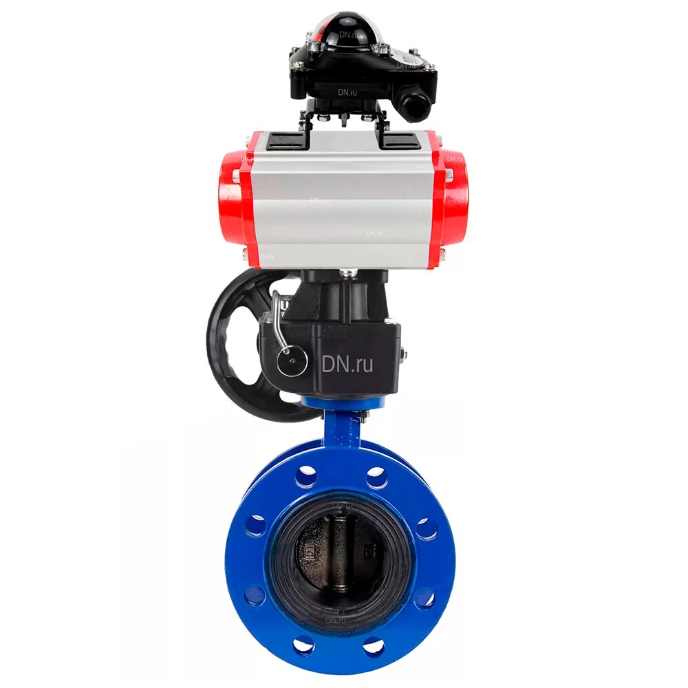 Затвор дисковый поворотный DN.ru GGG40-304-EPDM-2W-F-H Ду80 Ру16 корпус - чугун GGG40, диск - нержавеющая сталь 304, уплотнение - EPDM, с пневмоприводом DN. ru DA-105, БКВ DN. ru LSB-210-02NM12-220/24 и ручным дублером DN. ru HDM-3
