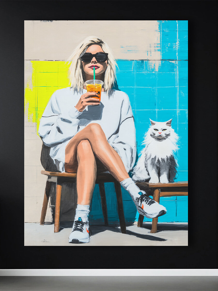 Картина на стену - "Девушка и котики на отдыхе, дизайнерский арт на стену" , 50х70 см.