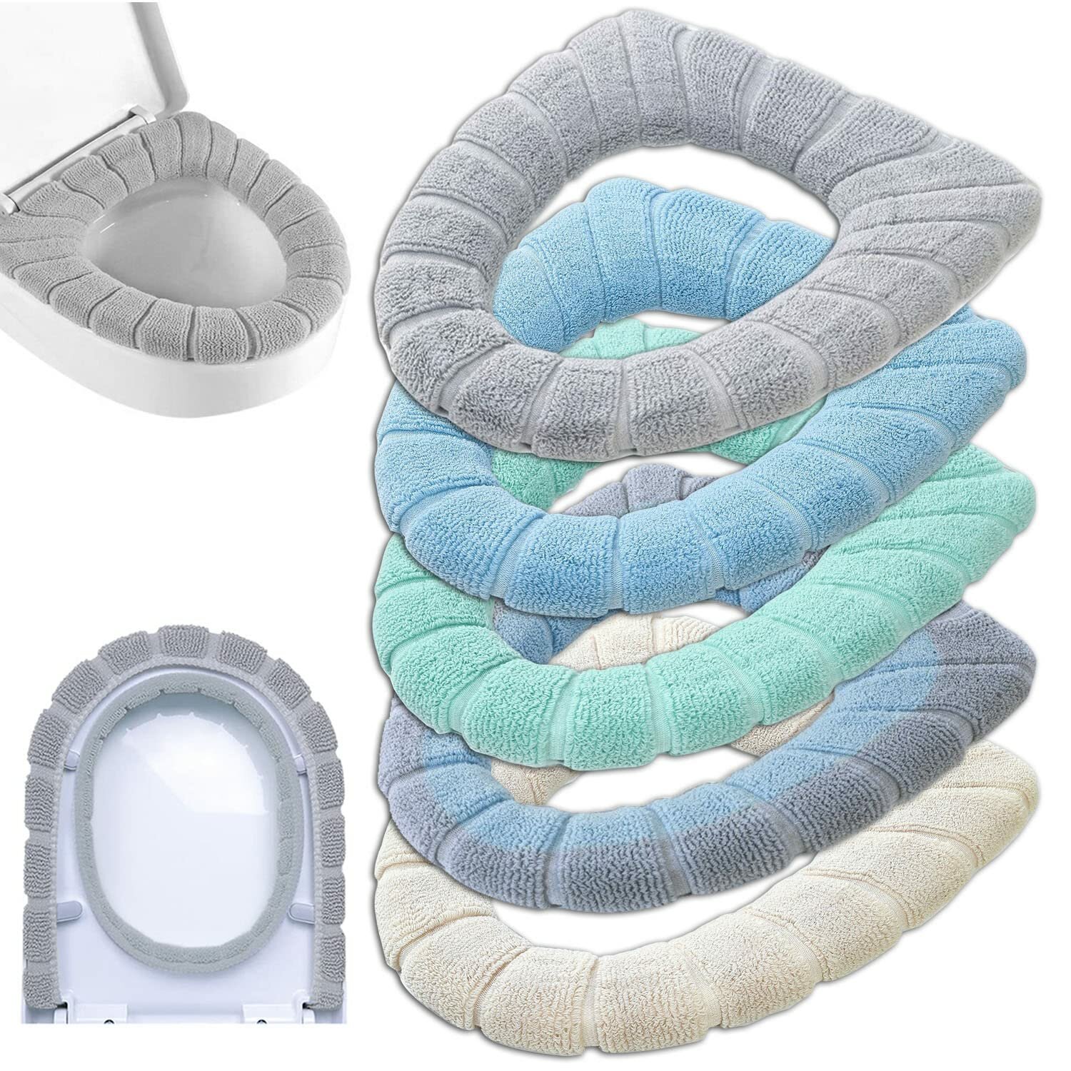 Чехол для сиденья универсальный утолщенный, подходит для унитазов O-образного, U-образного и V-образного, изготавливается из акрилла и нейлона, вес 80 г, 5 штук в упаковке, 5 разных цветов, посылается в случайном цвете, для осени и зимы, стираемый