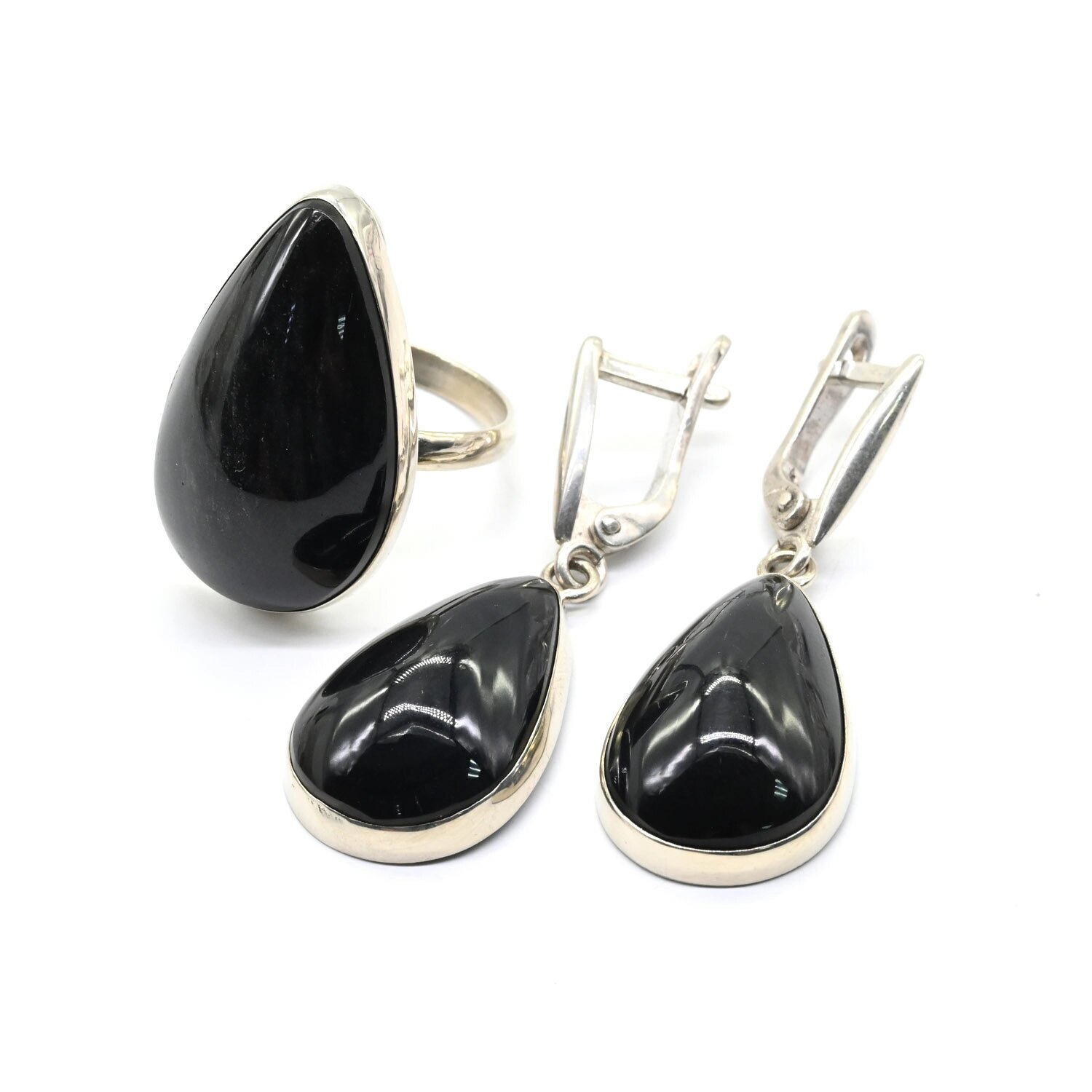 Комплект бижутерии: кольцо, серьги, обсидиан