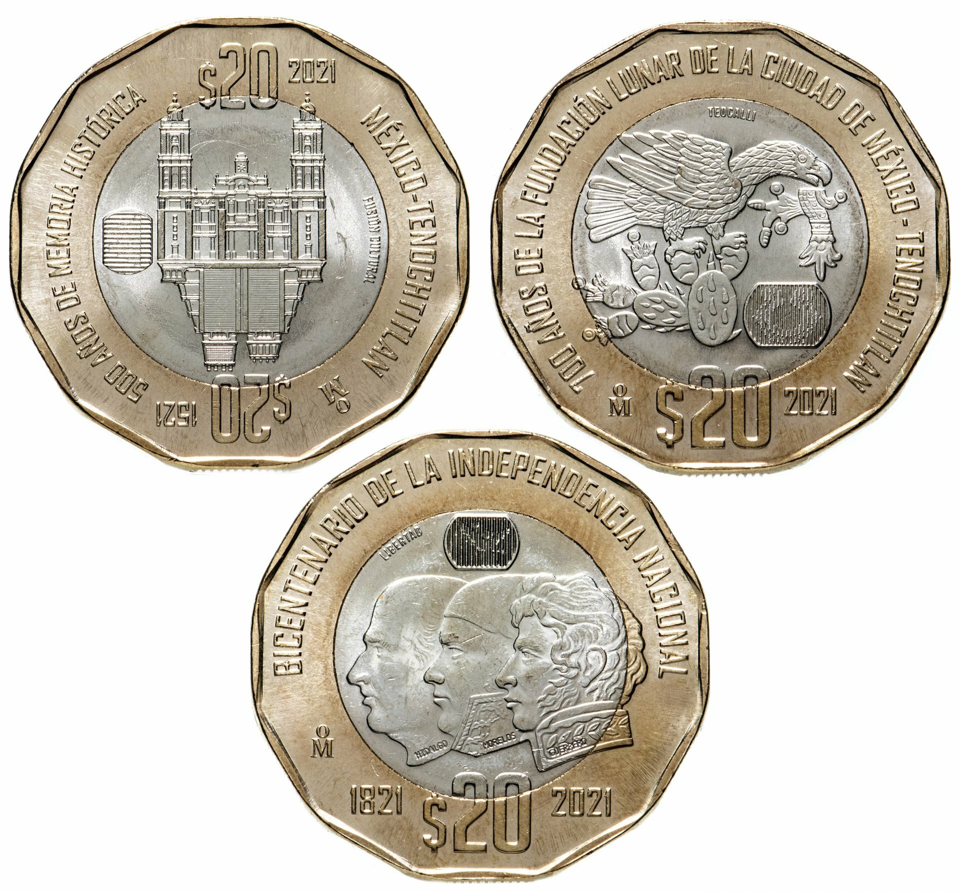 Мексика 20 песо pesos 2021 набор 3 х 20 песо 2021 "Мехико-Теночтитлан, 200 лет Независимости", Биметалл, в сохранности UNC
