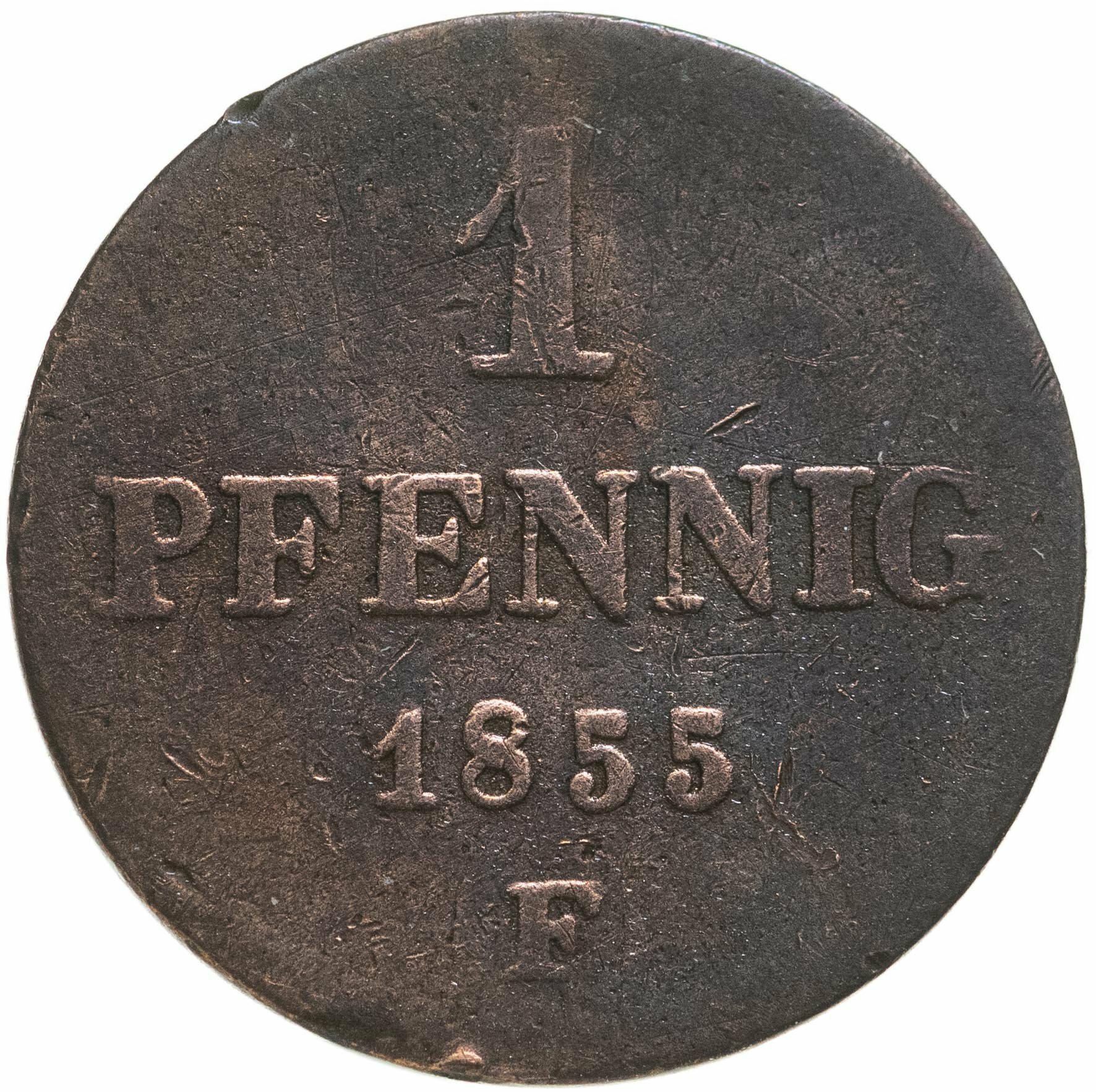 Германия, Саксония 1 пфенниг 1855, Медь, в сохранности F