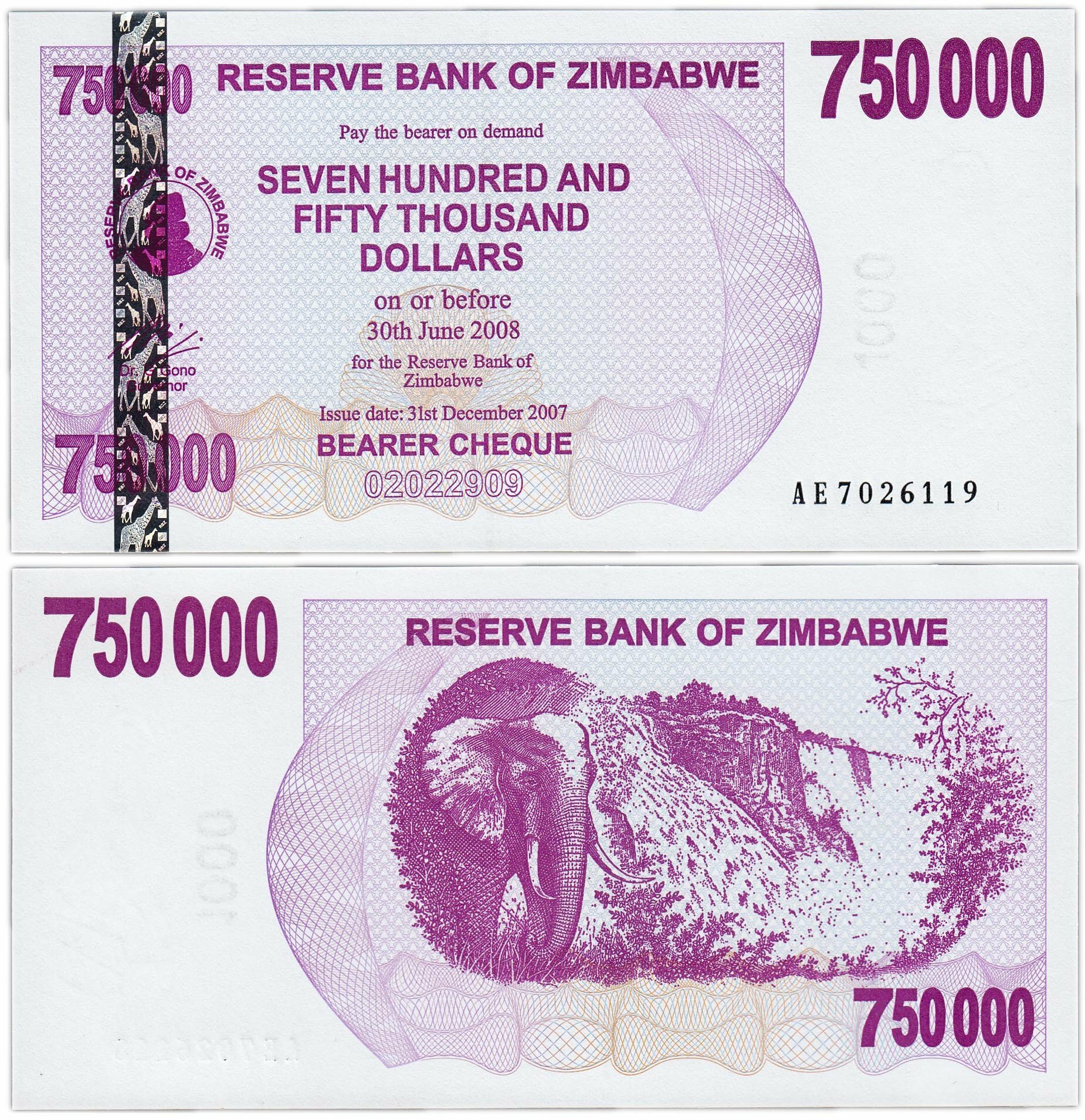 Зимбабве 750000 долларов 2007 - "Водопад Виктория, Слон" Pick 52