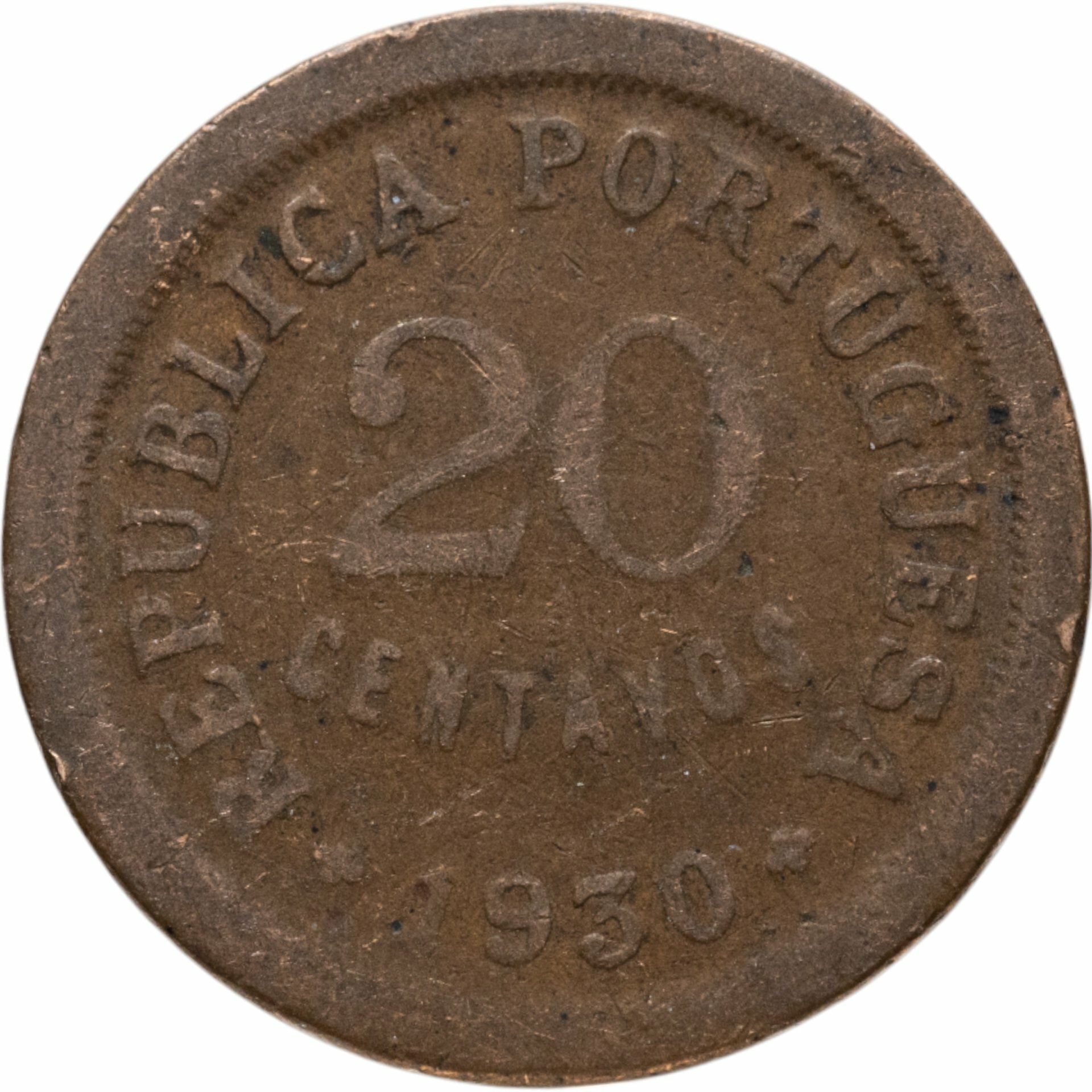 Кабо-Верде Португальское 20 сентаво centavos 1930, Бронза, в сохранности VG-F