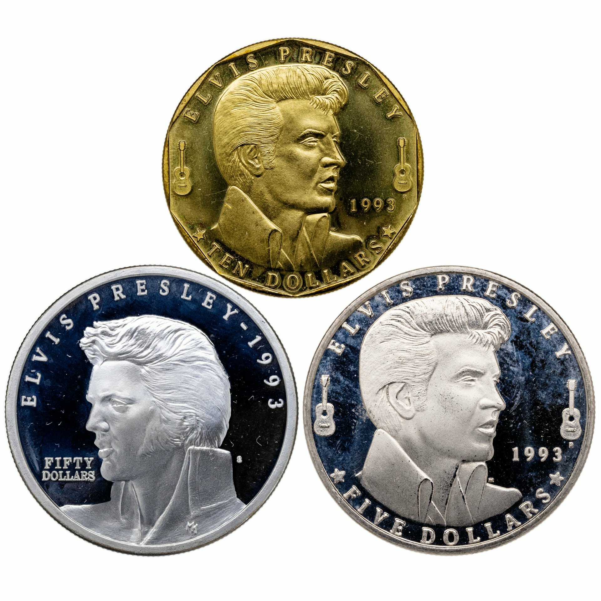 Маршалловы острова набор 5, 10, 50 долларов 1993 "Элвис Пресли" из 3 монет, Разные металлы: медь-никель, латунь, серебро, в сохранности Proof