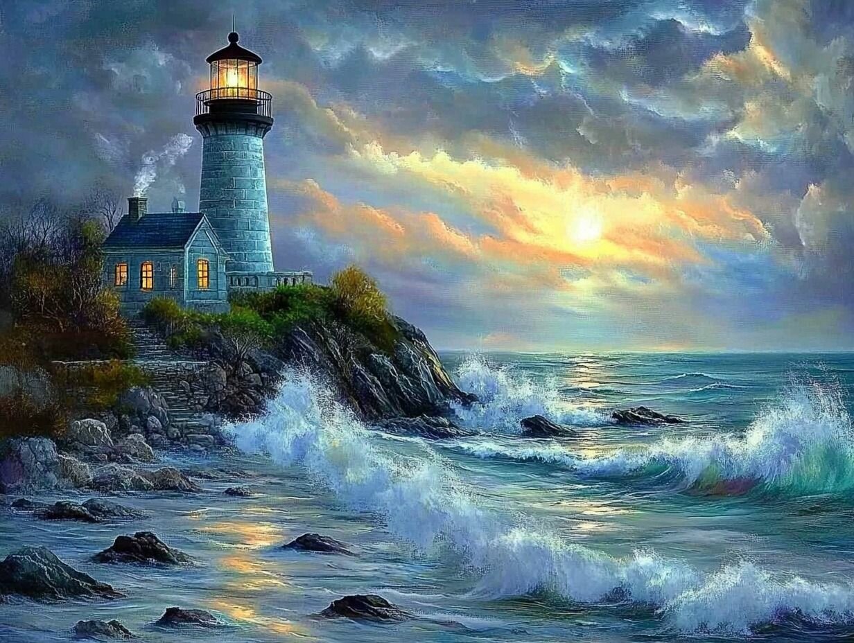 "Маяк на побережье" Алмазная картина , Серия "Ночной пейзаж" круглая алмазная роспись, 30x40 см