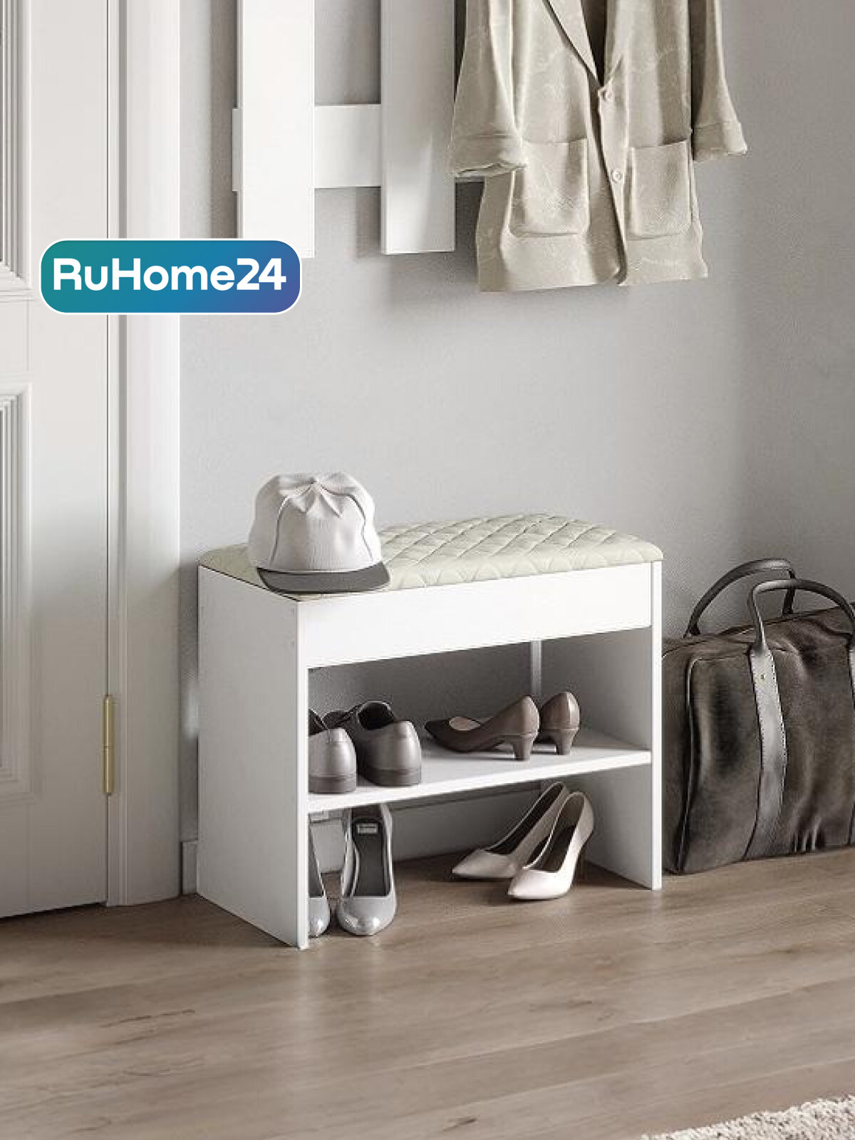 Обувница Elsa белая с мягким сиденьем, тумба для прихожей 60х48х32 см.