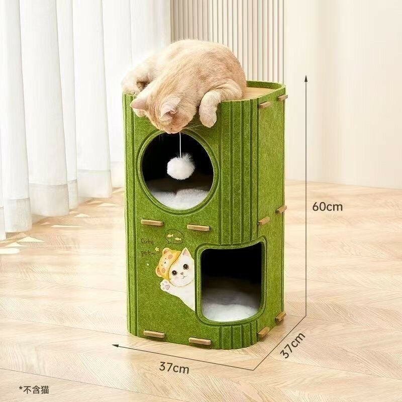 Уютный двухъярусный зеленый кошачий домик с зимней тепловой изоляцией, включает утепленную подушку для кошек