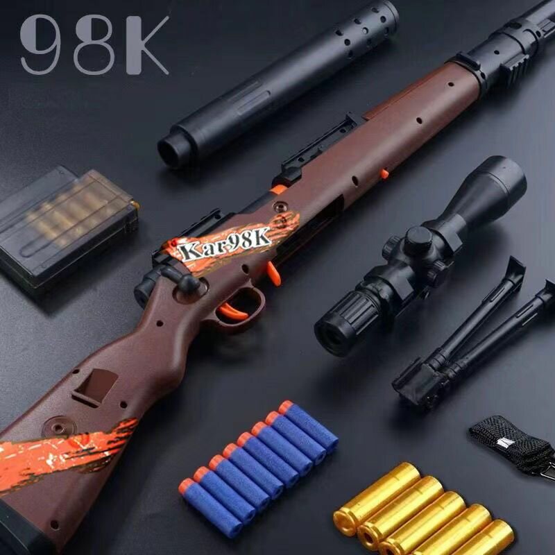 115-сантиметровая игрушечная снайперская винтовка Mauser 98K (коробка для выброса отходов во время стрельбы) объектив с большим увеличением + глушитель + кронштейн / модель Tony