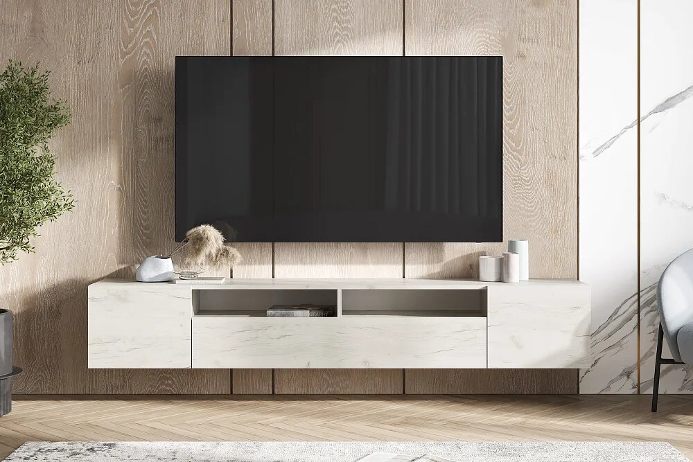 Тумба ТВ под телевизор, ниша для ТВ, 3 двери, 2 открытые полки, Сити, 200х33х34.6 см, ЛДСП, цвет Дуб Крафт белый