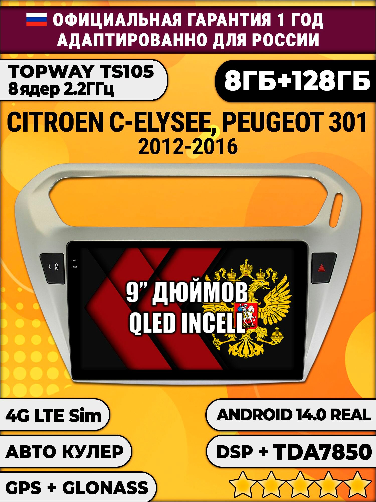 TS105, память 8/128гб для PEUGEOT 301, CITROEN C-ELYSEE (2012-2016), Android магнитола