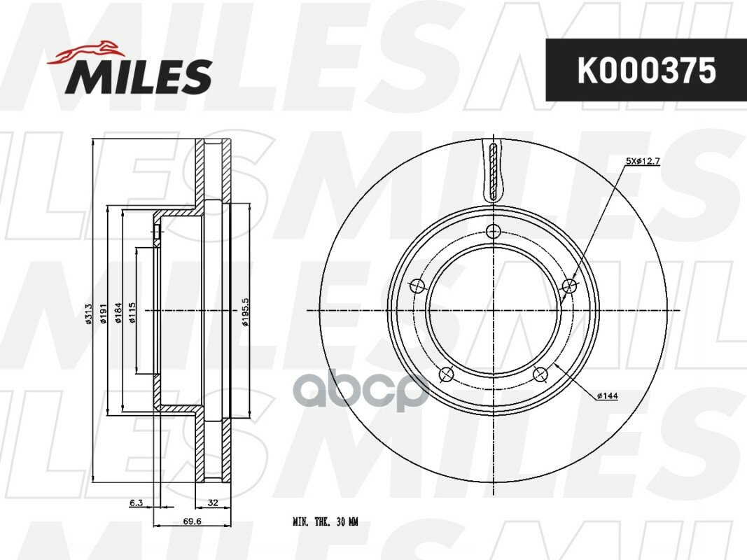 Диск тормозной TOYOTA LAND CRUISER J100 4.2D/4.7 98-07 передний вент. Miles арт. k000375