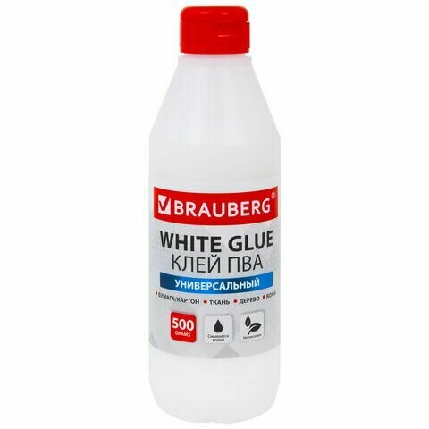 6 шт. Клей ПВА BRAUBERG, 0,5 кг, универсальный (бумага, картон, дерево), 600982