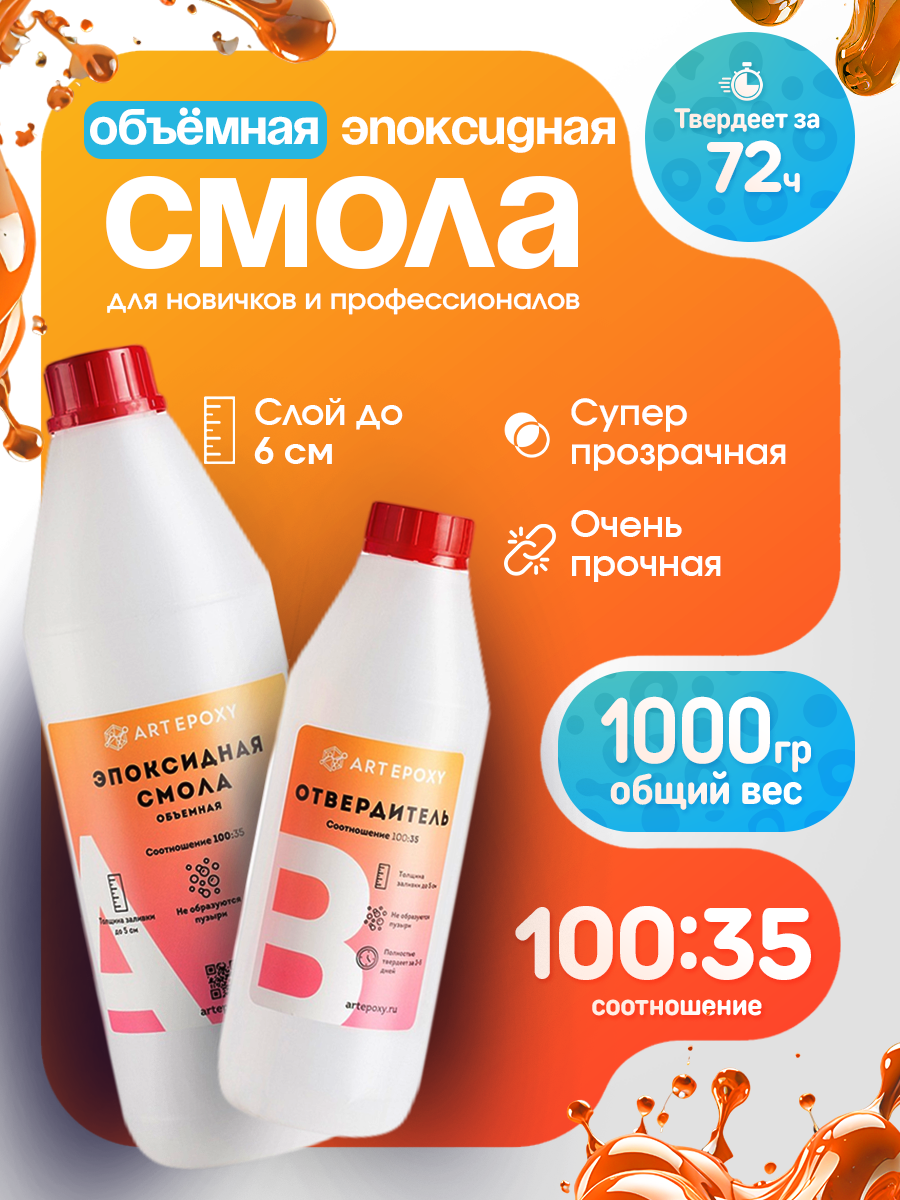 Эпоксидная смола для творчества для заливки столешниц и столов, слэбов "Объёмная", ArtEpoxy 1кг