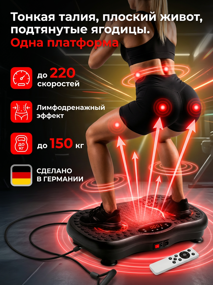 Виброплатформа для похудения 150 кг тренажер кардио степпер, пульт, чёрный, с Bluetooth