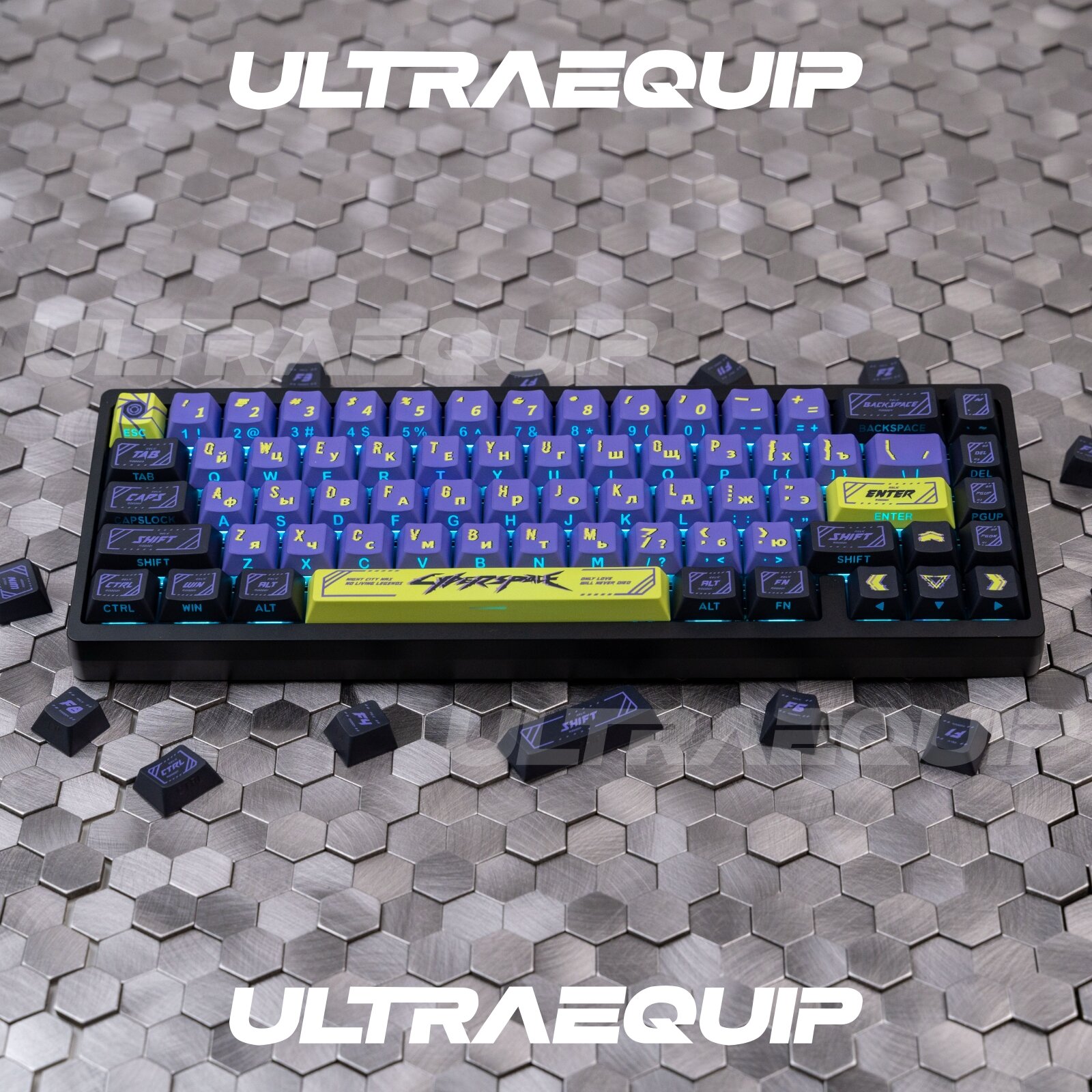 Кейкапы для механической клавиатуры - PBT Клавиши "Киберпанк": 130 клавиш, фиолетовые, японские символы, термопечать, Cherry профиль