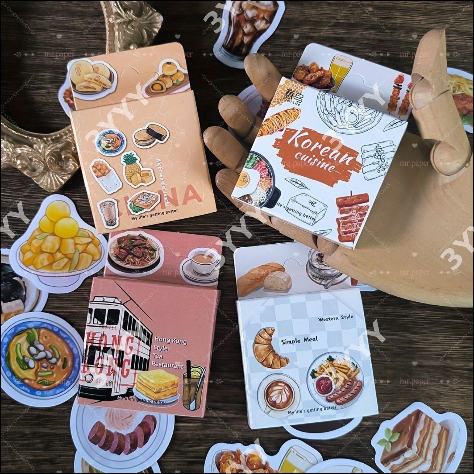 Эксклюзивный набор для декора из серии Еда для путешествий, mr.paper, включает 4 бокса с 184 листами наклеек, идеально подходящими для оформления чехлов телефонов, открыток и блокнотов