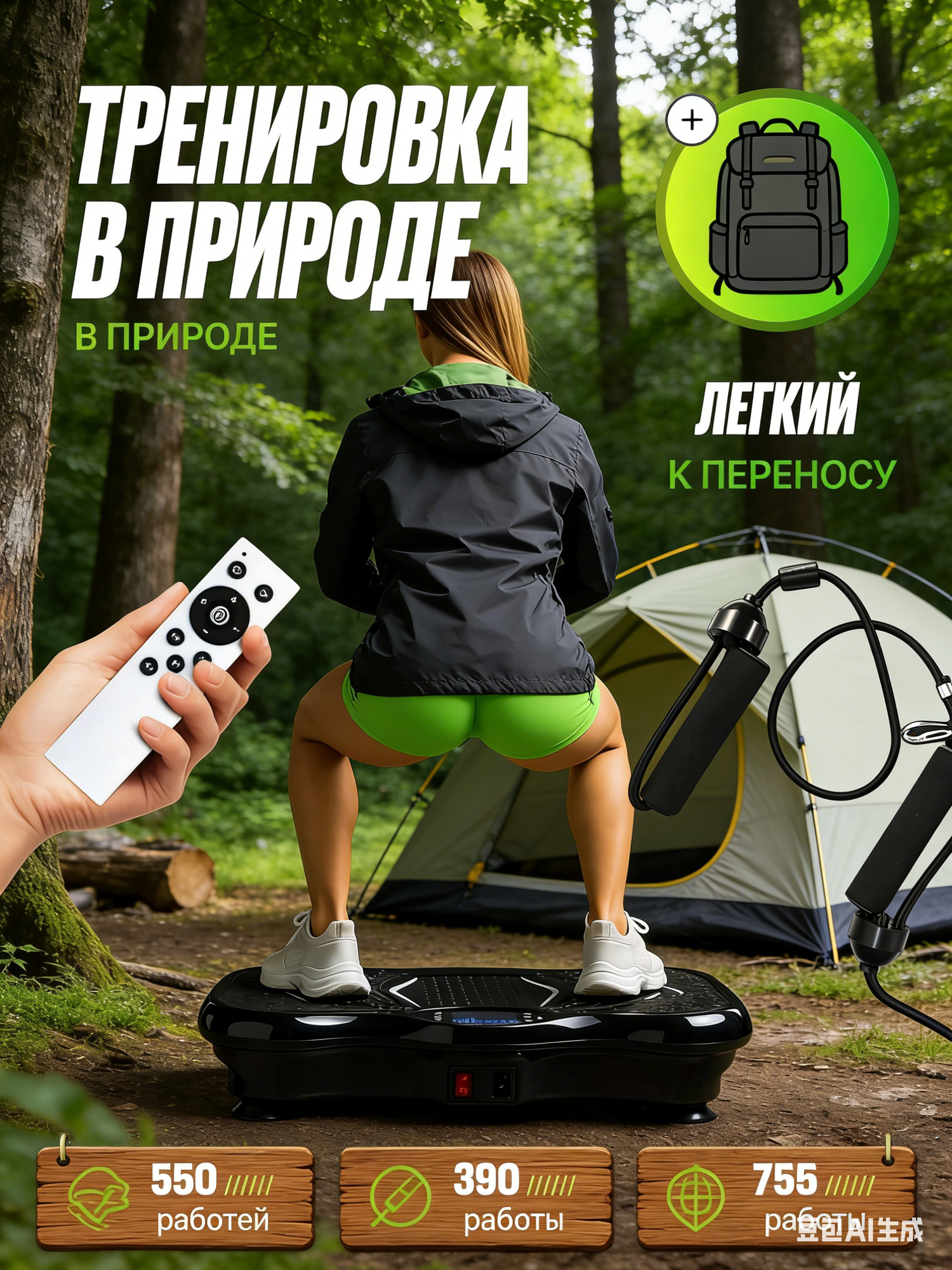 Виброплатформа для похудения, тренажёр для занятий дома, 99 скоростей, эспандеры 2 шт, черный с Bluetooth