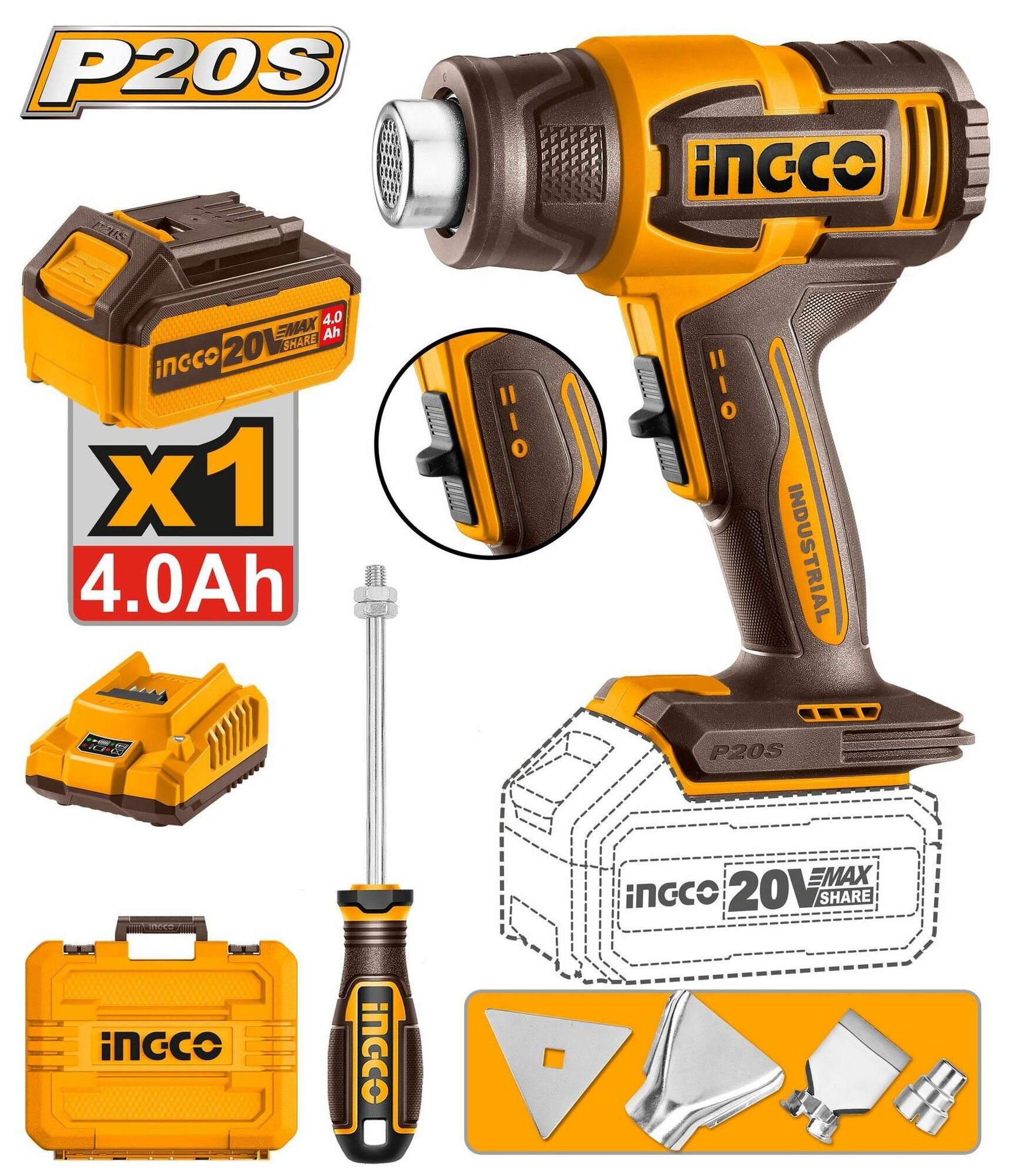 Фен аккумуляторный 20В 1хАКБ 4Ач и ЗУ SUPER INGCO HGLI20065 INDUSTRIAL