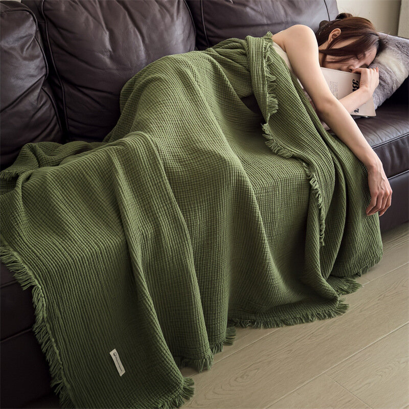 Вязаный плед из чистого хлопка, покрывало для дивана, декоративное покрывало для офиса, плед в винтажном японском стиле для гостиной.