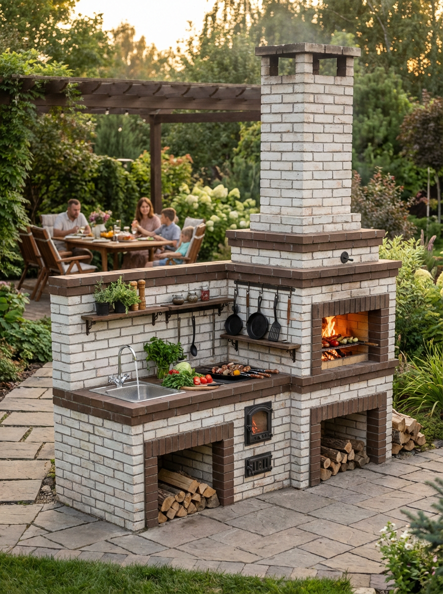 Проект Барбекю с казаном и мойкой №590. Мангал 770мм. Казан 19 литров. Самостоятельная сборка.