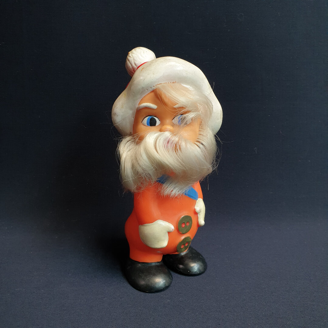 Резиновая игрушка Дед Мороз 19 см, роспись, следы времени. Винтаж, СССР.