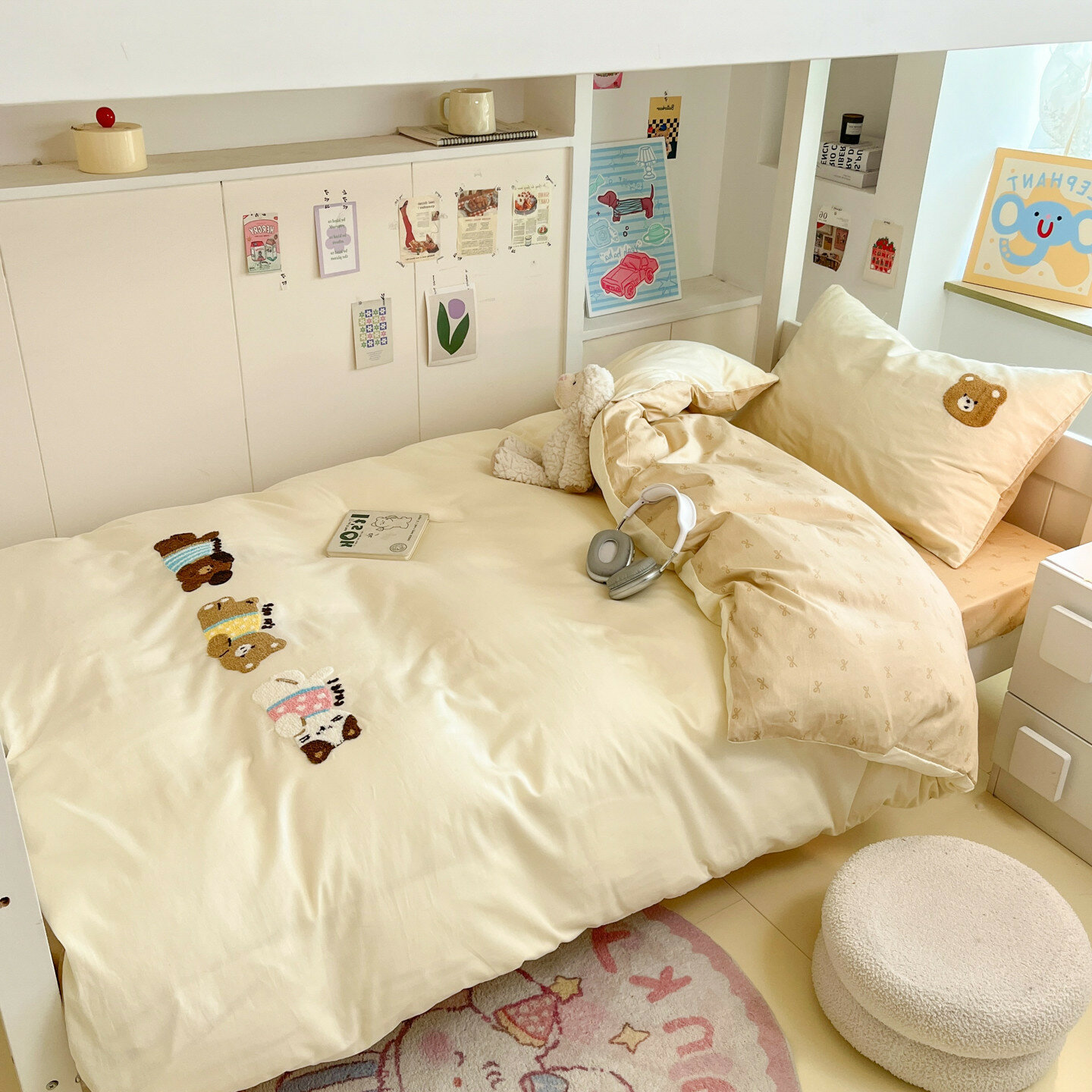 Набор из 3 предметов с вышивкой из хлопка для студентов 150×200 см 2025 модель Узор：Счастливые лучшие друзьяРазмерная