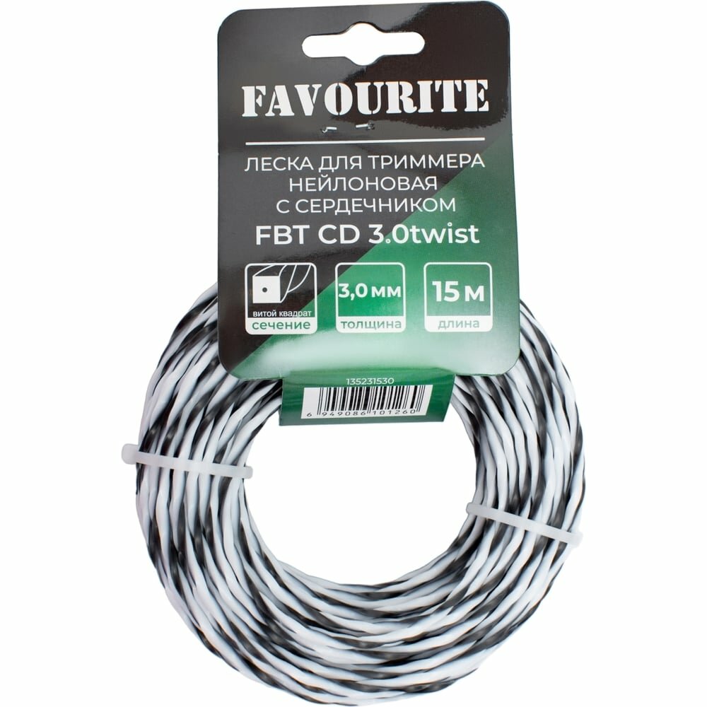Леска для триммера нейлоновая 3.0 мм, 15 м, витой квадрат с сердечником FAVOURITE FBT CD 3.0twist 135231530