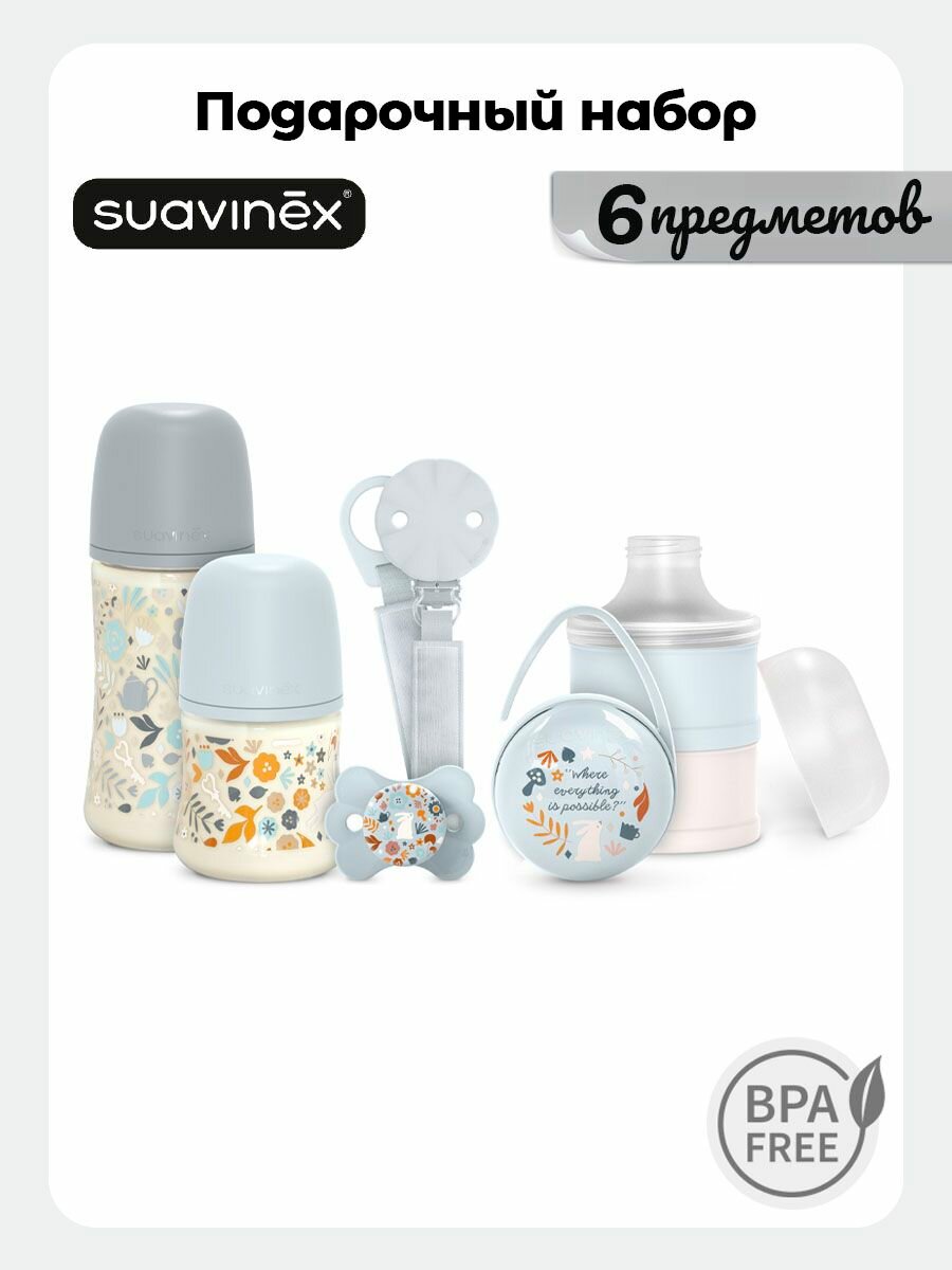 Suavinex Набор Welcome Baby Set Wonderland 2 бутылочки 150 мл и 270 мл, пустышка, футляр, дозатор, 0+месяцев, голубой