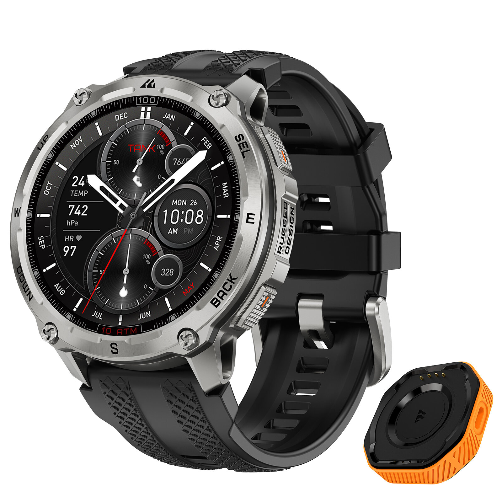 KOSPET TANK T4: Мужские умные часы с портативным зарядным устройством в комплекте. До 50 дней работы, 100м водонепроницаемость, GPS.