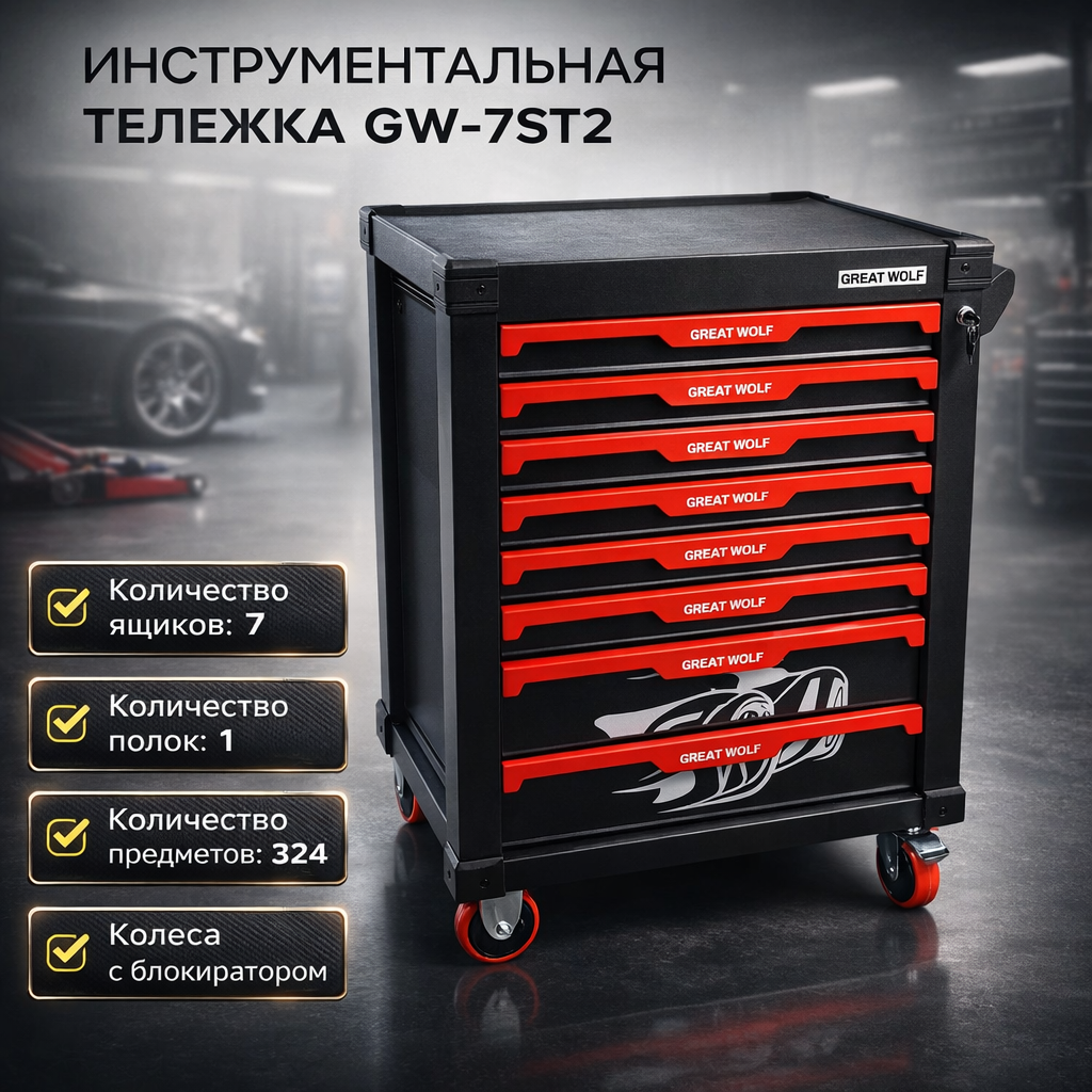 Инструментальная тележка Great Wolf 7 ящиков, увеличенные колеса с тормозом, ЦЗ, усиленная, с инструментом 324шт GW-7ST2 Black