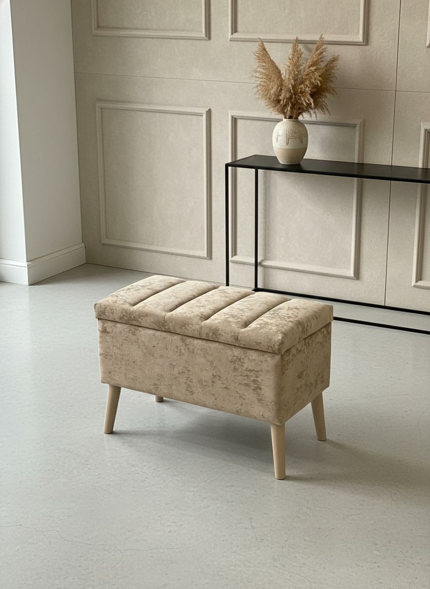 Банкетка скандинавская с отделом для хранения на ножках, пуфик в приходую, детскую, спальню, капучино бежевый велюр,