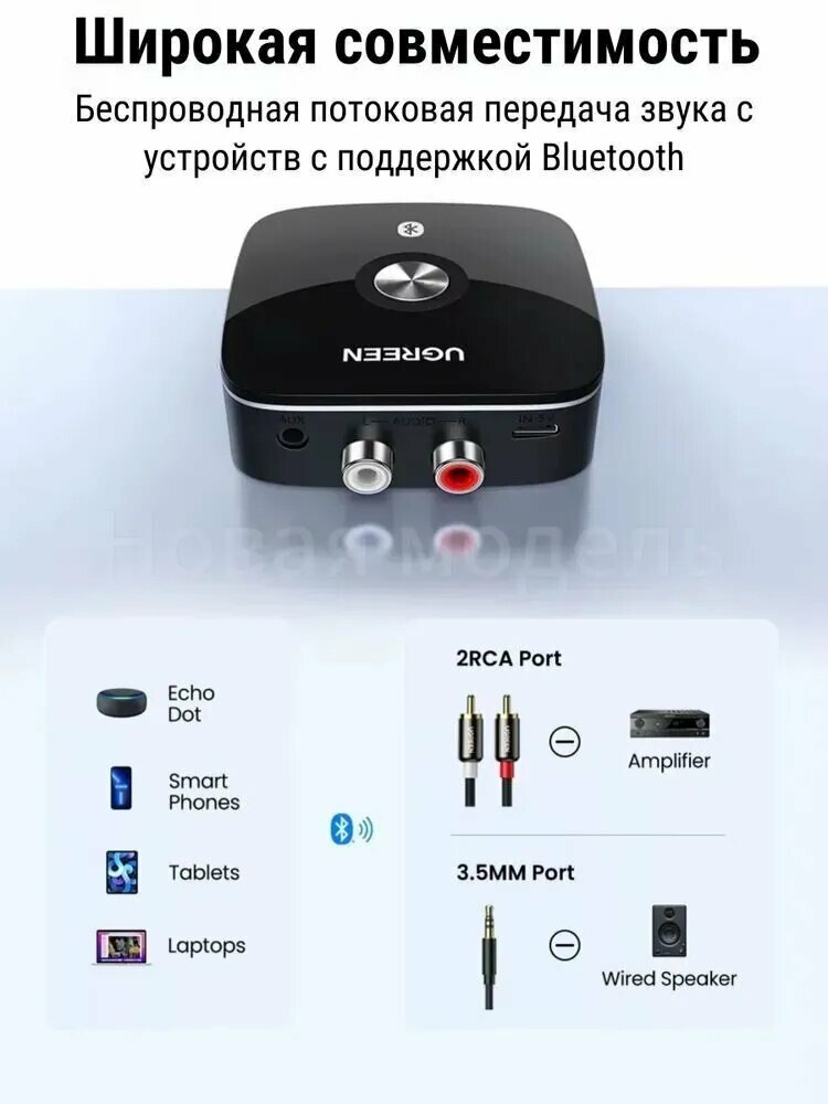 Bluetooth аудио адаптер Ugreen CM106 (40759) с поддержкой aptX HD, Bluetooth 5.1, AUX 3,5 мм +2RCA