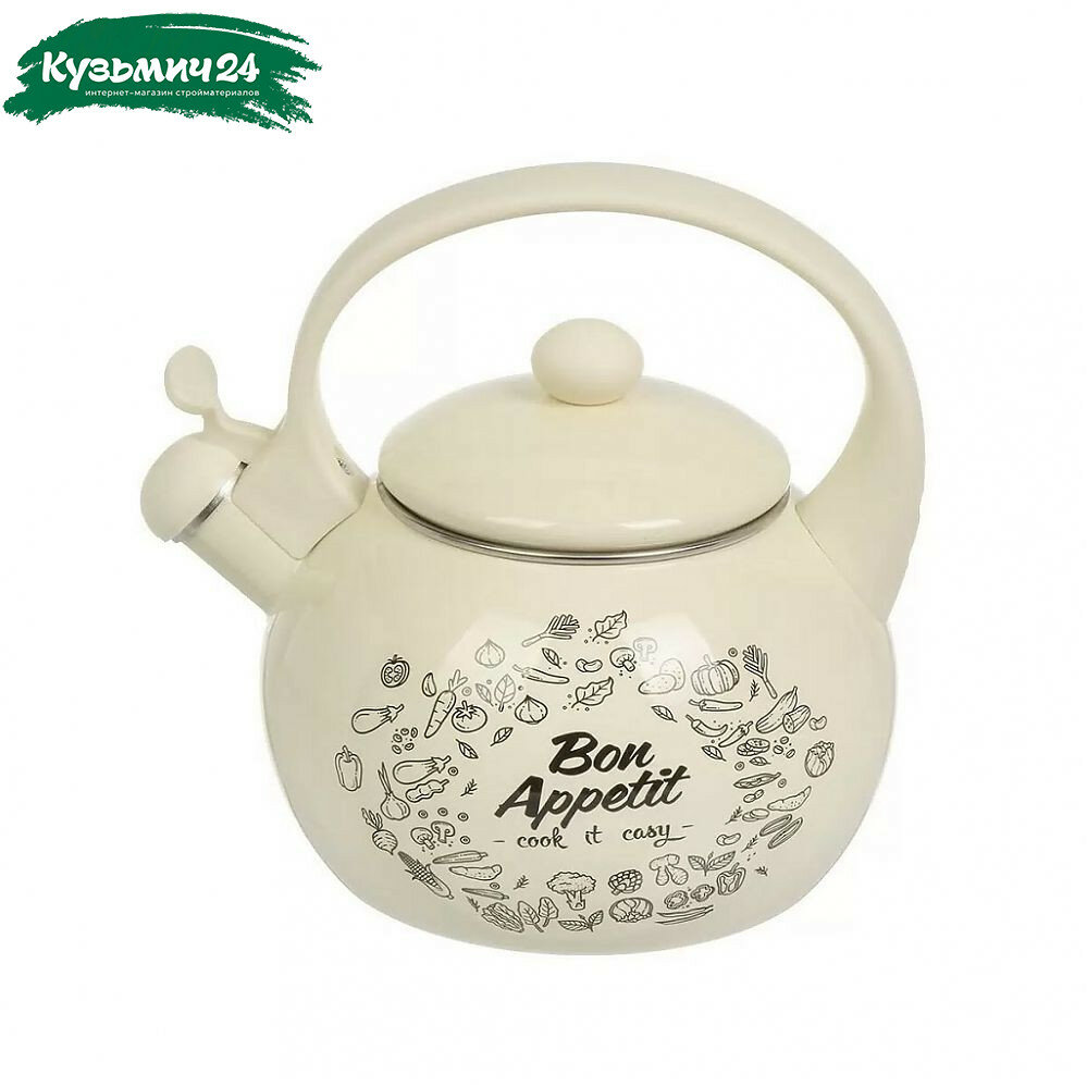 Чайник эмалированный Daniks Bon Appetit, бежевый, со свистком, индукция, 2.2 л