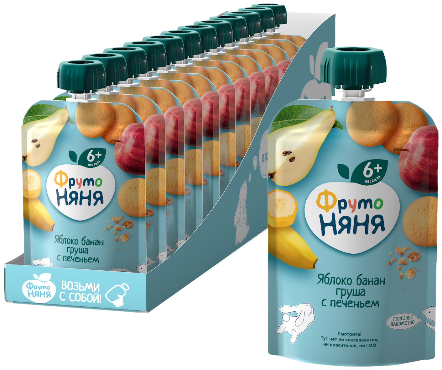 Пюре ФрутоНяня из яблок, бананов и груш с печеньем, с 6 месяцев, 90г, 12 шт.