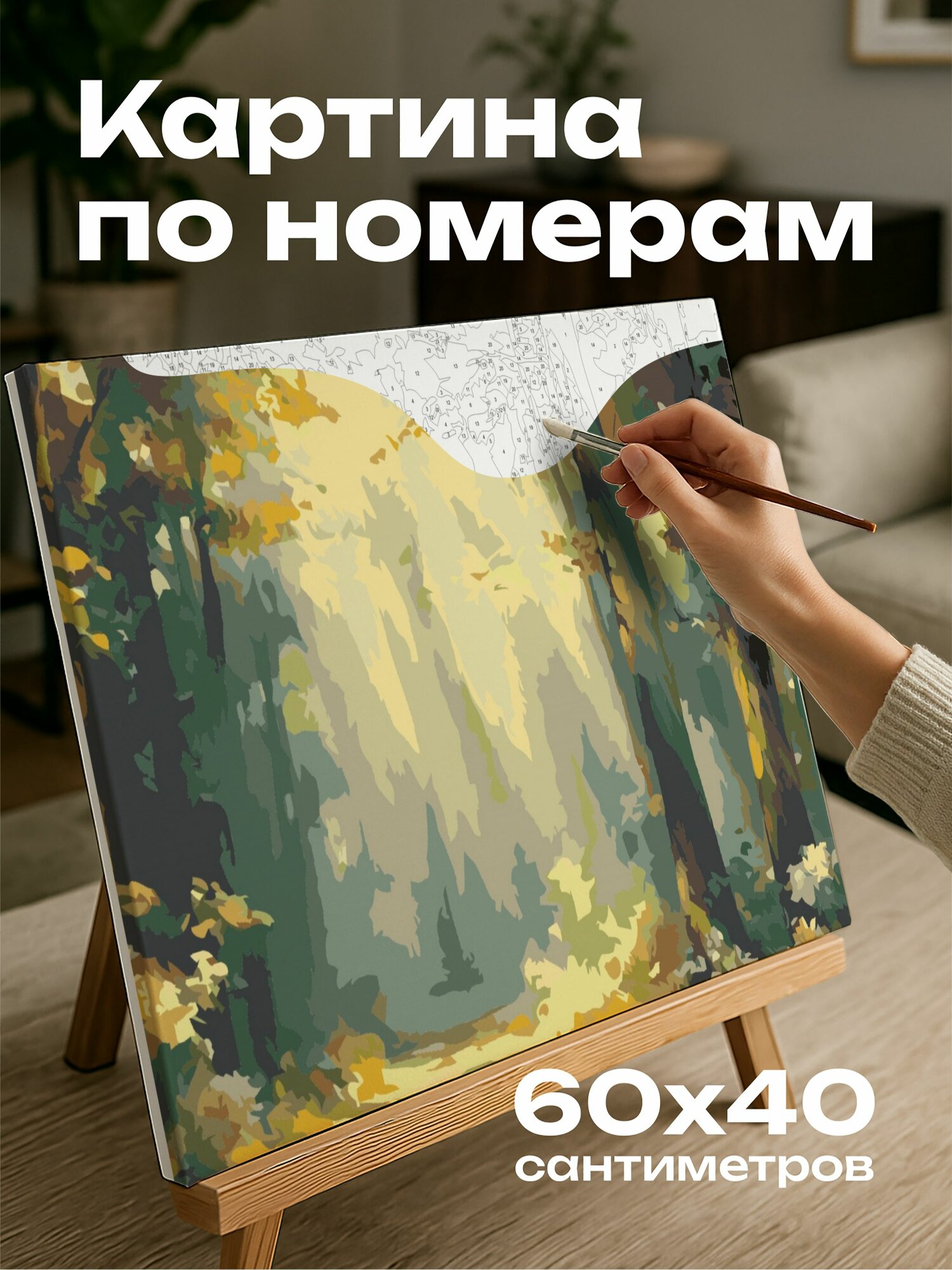 Картина по номерам 60x40 см, картина, масло, лесной пейзаж, деревья, тропинка, туман, свет, тень, солнце, игра света