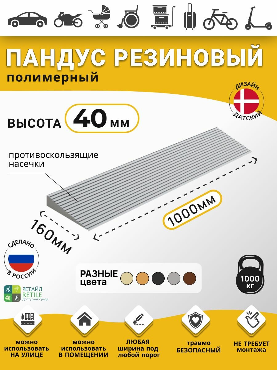 Пандус резиновый рубеж для порогов высотой 4 см (40х1000х160 мм), серый, для колясок, склада и автомобилей