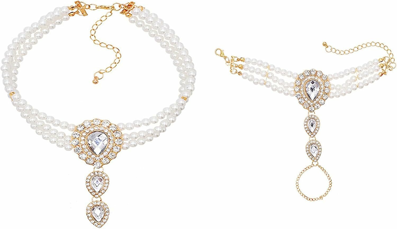 Комплект из ожерелья и браслета с кристаллами и жемчугом (2 предмета) - Королевское придворное ожерелье - Винтажное многослойное украшение в форме капли, имитирующее жемчуг и украшенное стразами, для женщин и девушек.