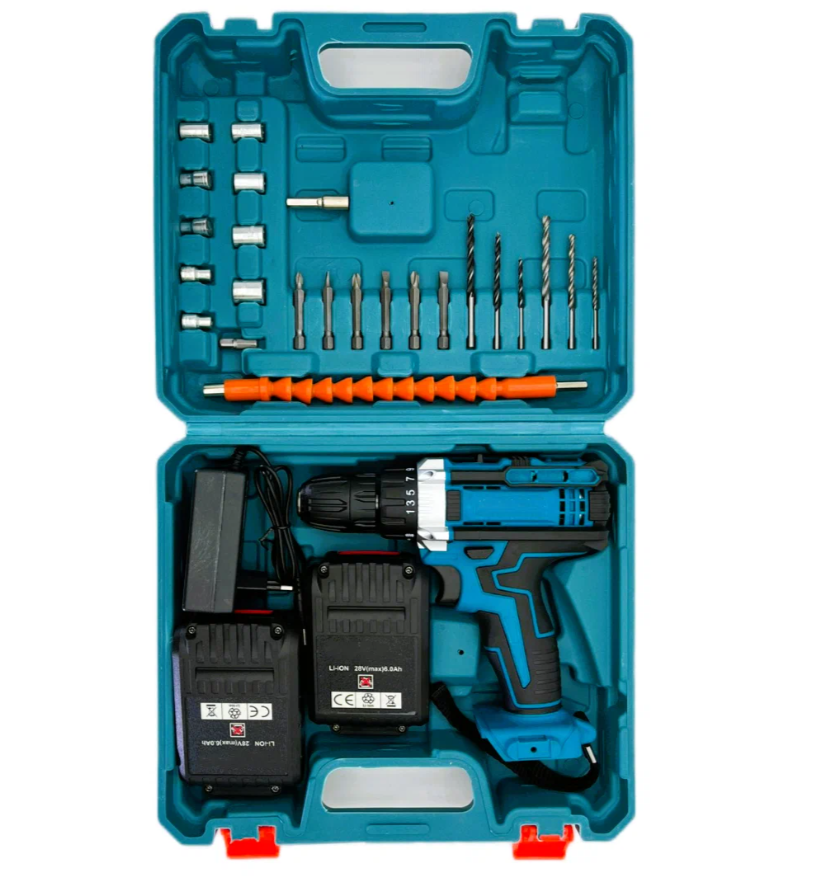 Аккумуляторная дрель-шуруповерт 28V, в кейсе с набором оснастки + 2 аккумулятора